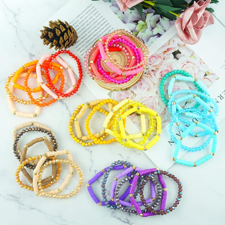 Hrwzs 36pcs Beaded Bracelets for Women, Bohemian Multi-Layer Beaded Crystal Stacking Statement Bracelets Versatile Strand Stretch Sparkly Crystal Beads Elastic Layering Bracelets