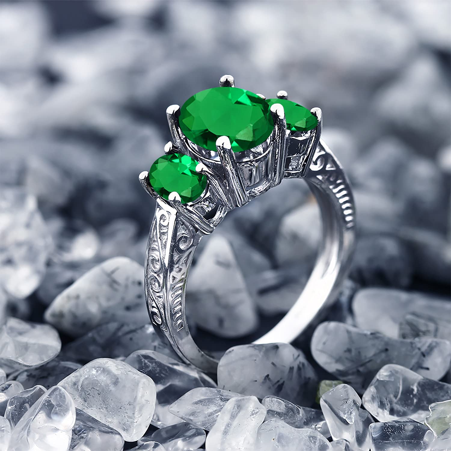 Gem Stone King 925 Sterling Silver Green Nano Emerald 3-Stone Ring For Women (3.10 Cttw, Available in size 5, 6, 7, 8, 9)