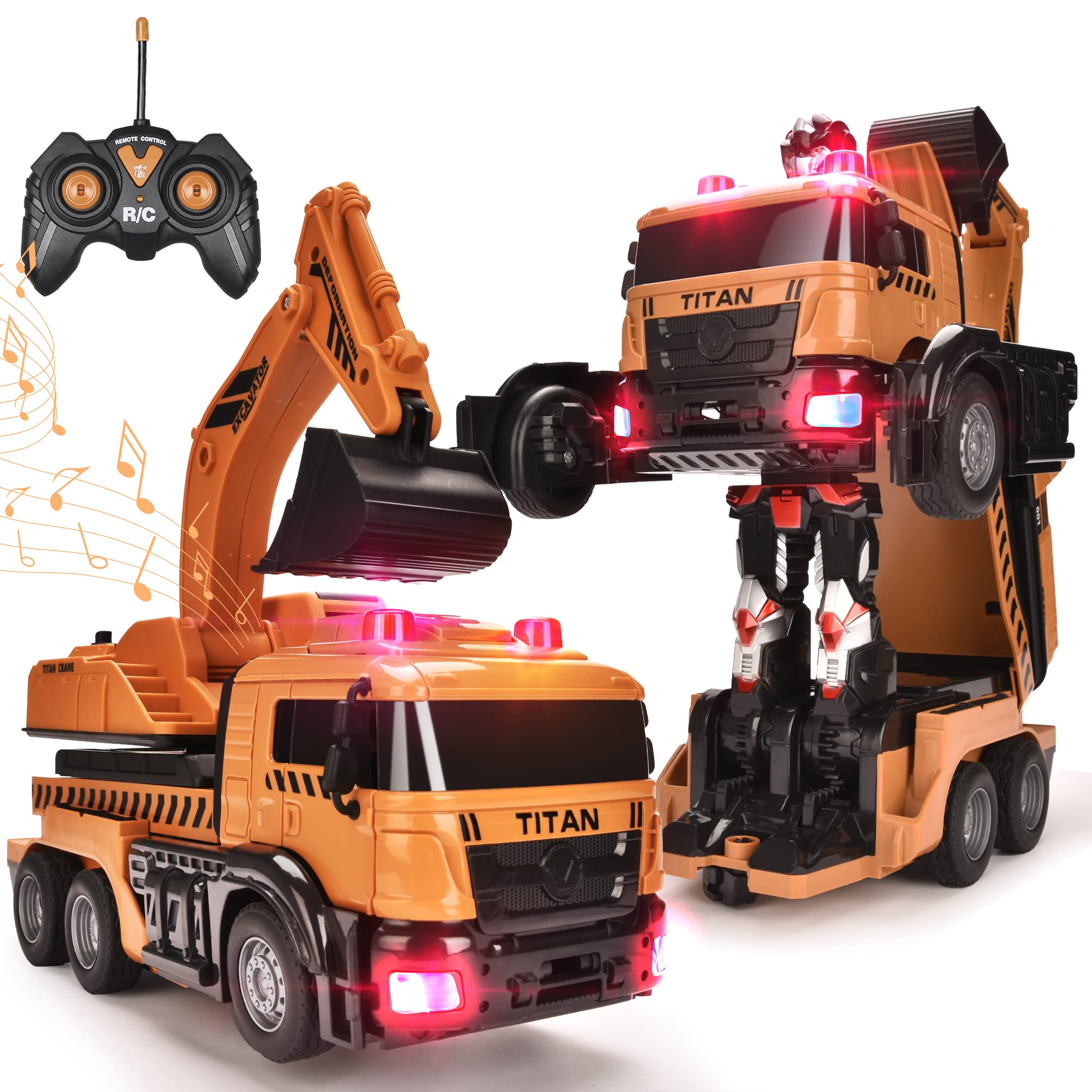 Ihowot Remote Control Toy Excavator, Transformer Car RC Robot Construction Engineering Vehicle with One-Button Deformation, Music and Light Effect, Gift Toy for Boys 4-7