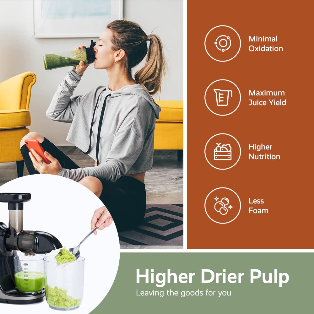 JOCUU Slow Masticating Juicer Bundle Set with Vegetable Shredder/Slicer Attachment, 3 Easy to Use and Clean Interchangeable Blades, Quiet Motor & Reverse Function