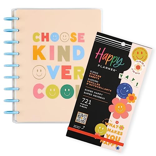 Happy Planner 12 Month Classic Academic Planner Sticker Pack Bundle – Super Happy - Classic Sized Planner (7” x 9.75”) July 2023 – Dec 2024 & 30 Sheet Sticker Book, 721 Stickers Total