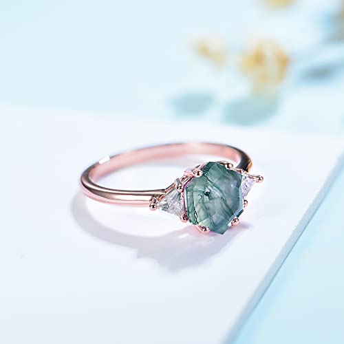 ITI KUOLOLIT 1.5ct Natural Moss Agate Ring Sterling Silver Hexagon Shaped Engagement Ring Green Agate Promise Wedding Rings for Women (Moss agate-White, 7)