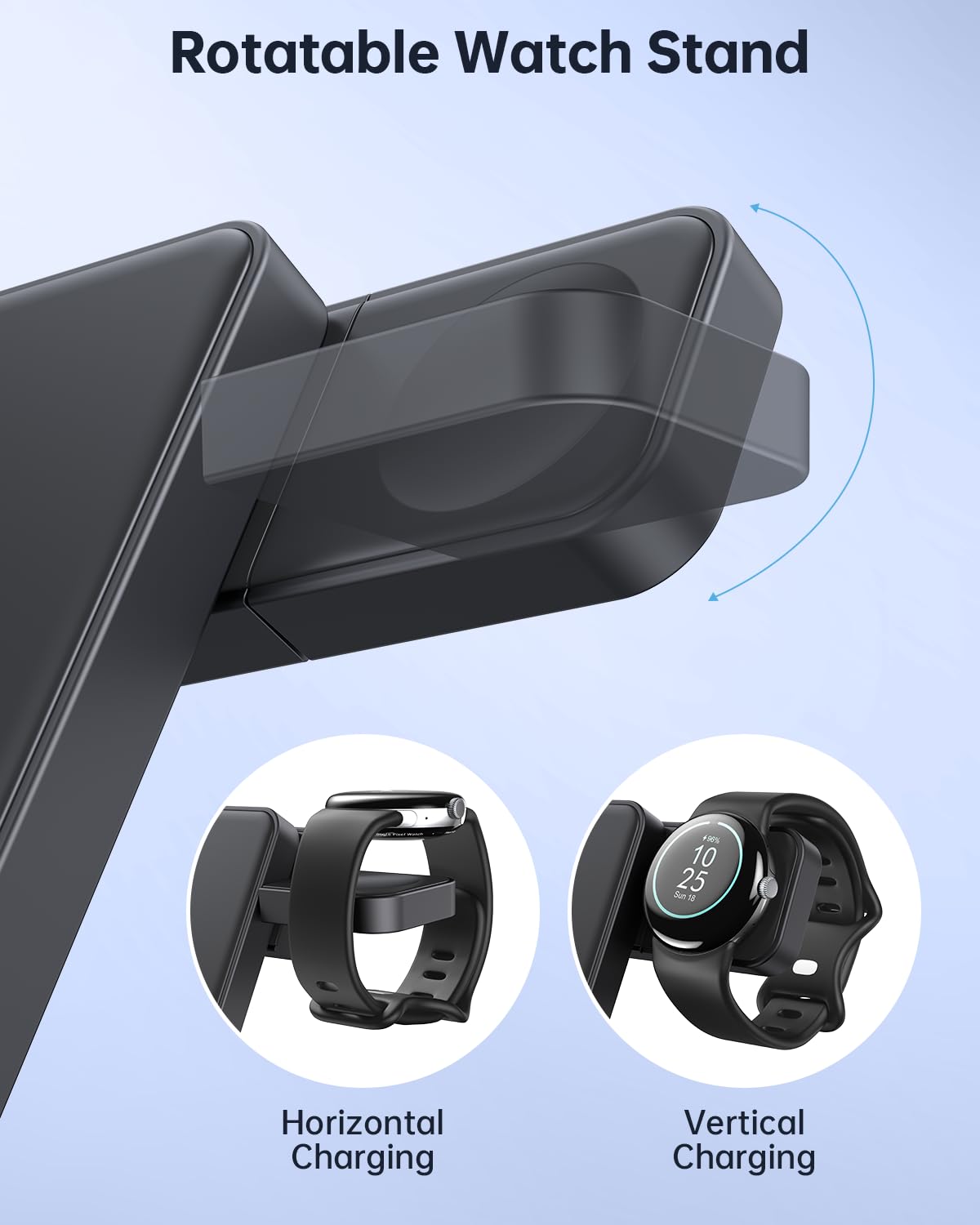 Houflody 3 in 1 Foldable Wireless Charging Station for Google Pixel Watch 1, Pixel Buds Pro and Google Phones Fold/8 Pro/8/7 Pro/7a/7/6 Pro/6/5/4/3/XL, Wireless Charger with QC 18W Adapter, Black