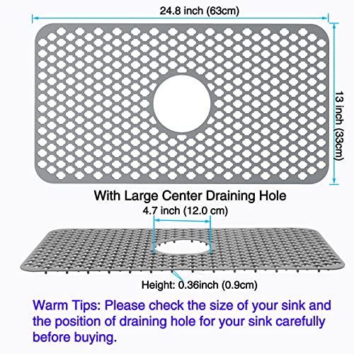 HiBD Silicone Sink Mat 1Piece Grey with Center Drain, Sink Protectors for Kitchen Sink, Silicone Sink Protector, Kitchen Sink Mats and Protectors, for Farmhouse Sink ( 24.8"x 13" )