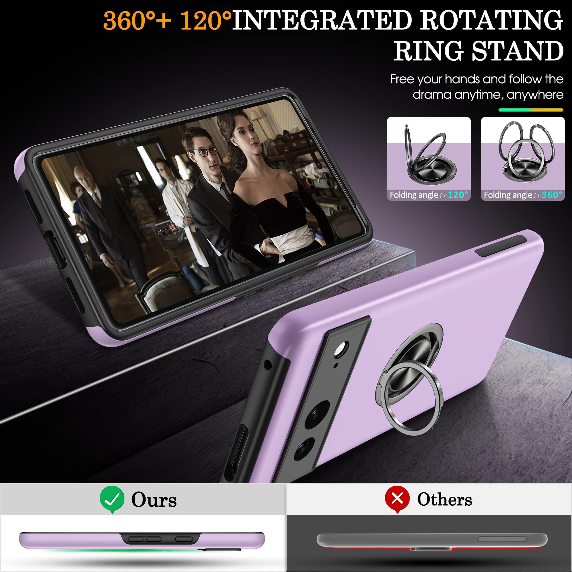 Gritup Pixel 7 Case, Google Pixel 7 Case with HD Screen Protector, Shockproof Google Pixel 7 Phone Case with 360° Magnetic Ring Holder Kickstand Phone Case for Google Pixel 7 Purple
