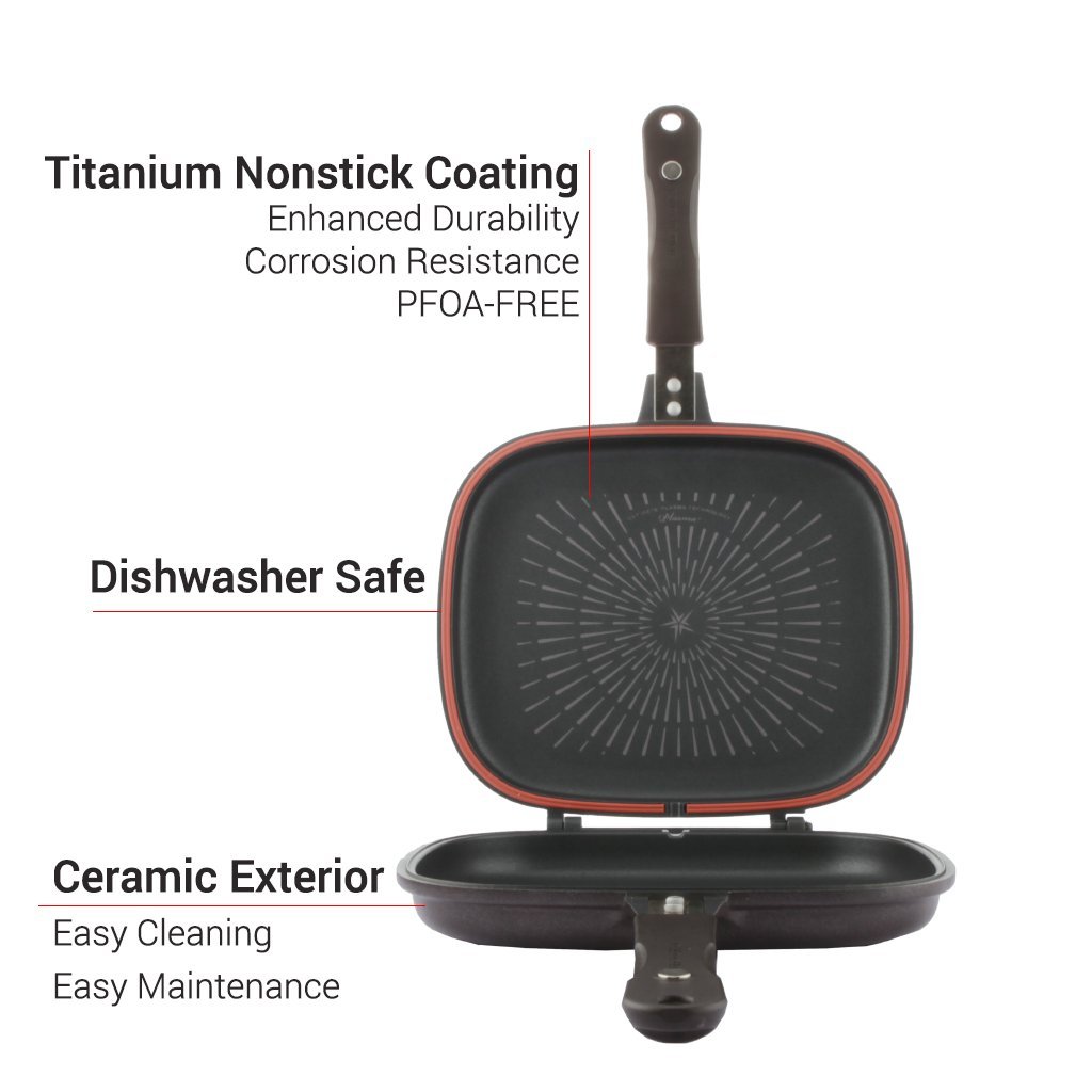 Happycall Titanium Nonstick Double Pan, Omelette Pan, Flip Pan, Square, Dishwasher Safe, PFOA-free, Brown (Jumbo Grill)