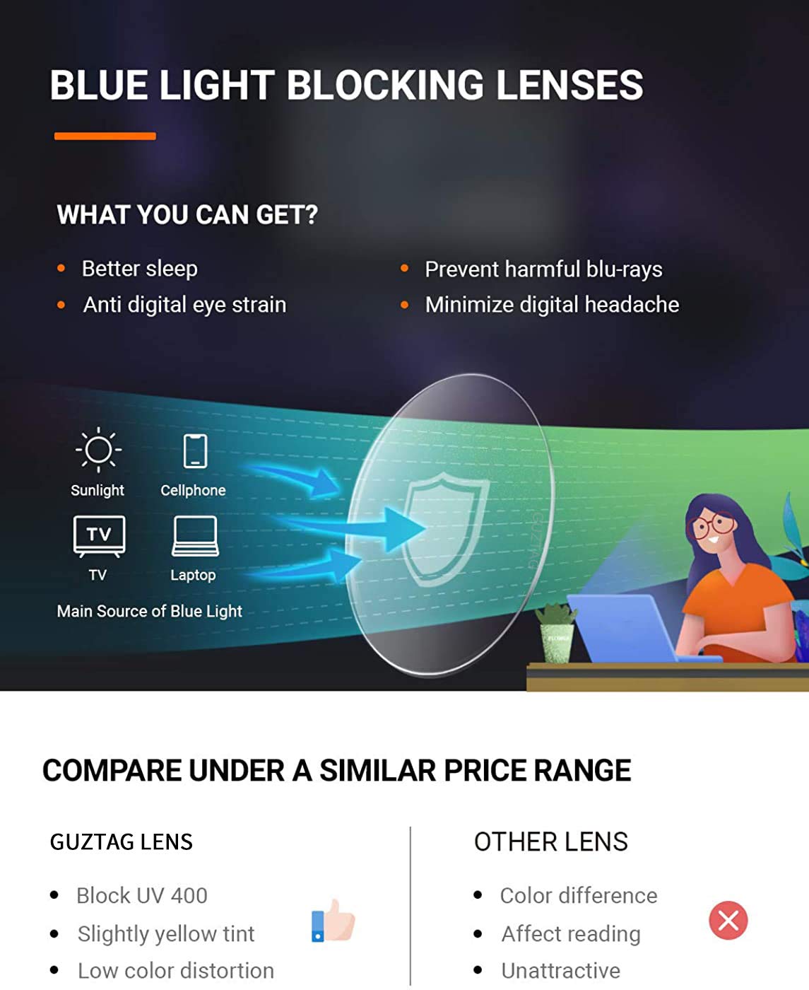 GUZTAG Blue Light Blocking Glasses - Square Computer Glasses Women/Men Eyeglasses Frame，Anti Eyestrain Computer Game Glasses (gray)
