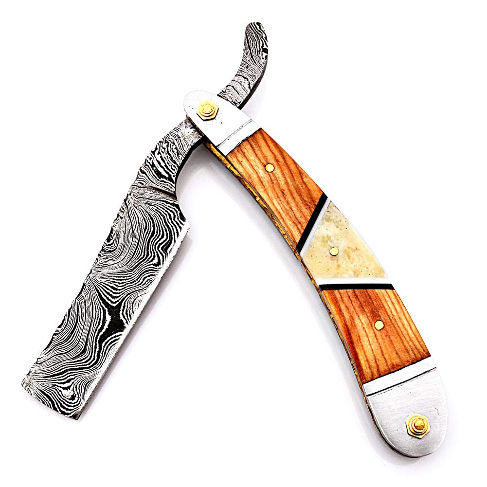 Hand Made Damascus Steel Straight Razor Folding Razor With Shaving Ready Classic Barber Blade Edge, Men Straight Razor, Leather Case + Strop, Close Shave, Great Gift R-52