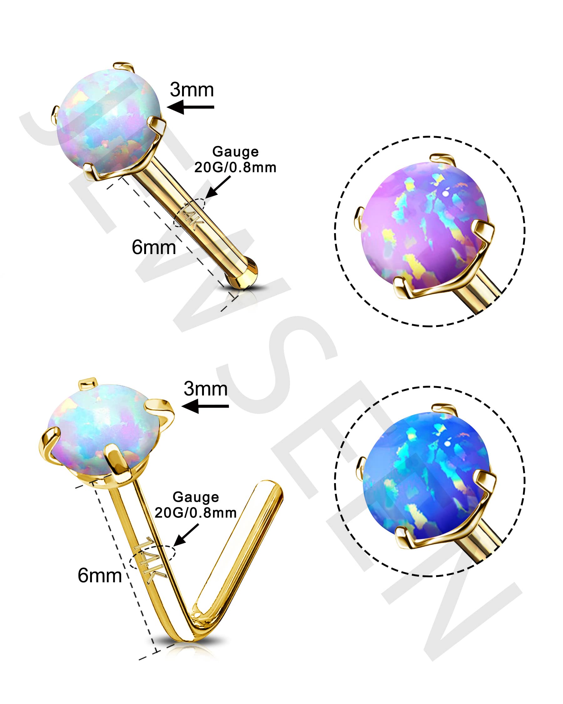 Jewseen 14K Solid Gold Opal Nose Studs 20G Nose Rings L-Shaped Studs Nostrial Piercing Jewelry Nose Bone Studs Nose Piercing Jewelry for Women and Men