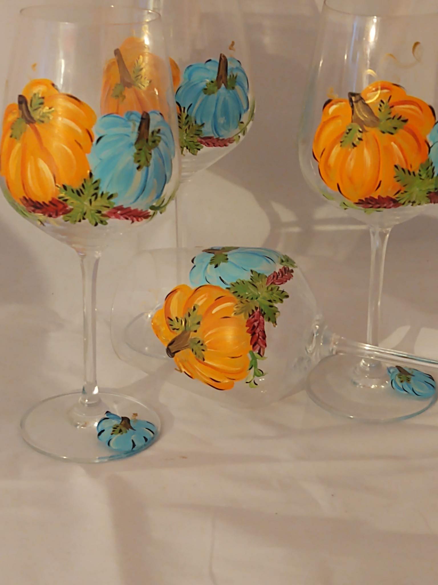 Hand painted autumn pumpkins goblets. set of 4 20 ounce white wine gobblets. usa