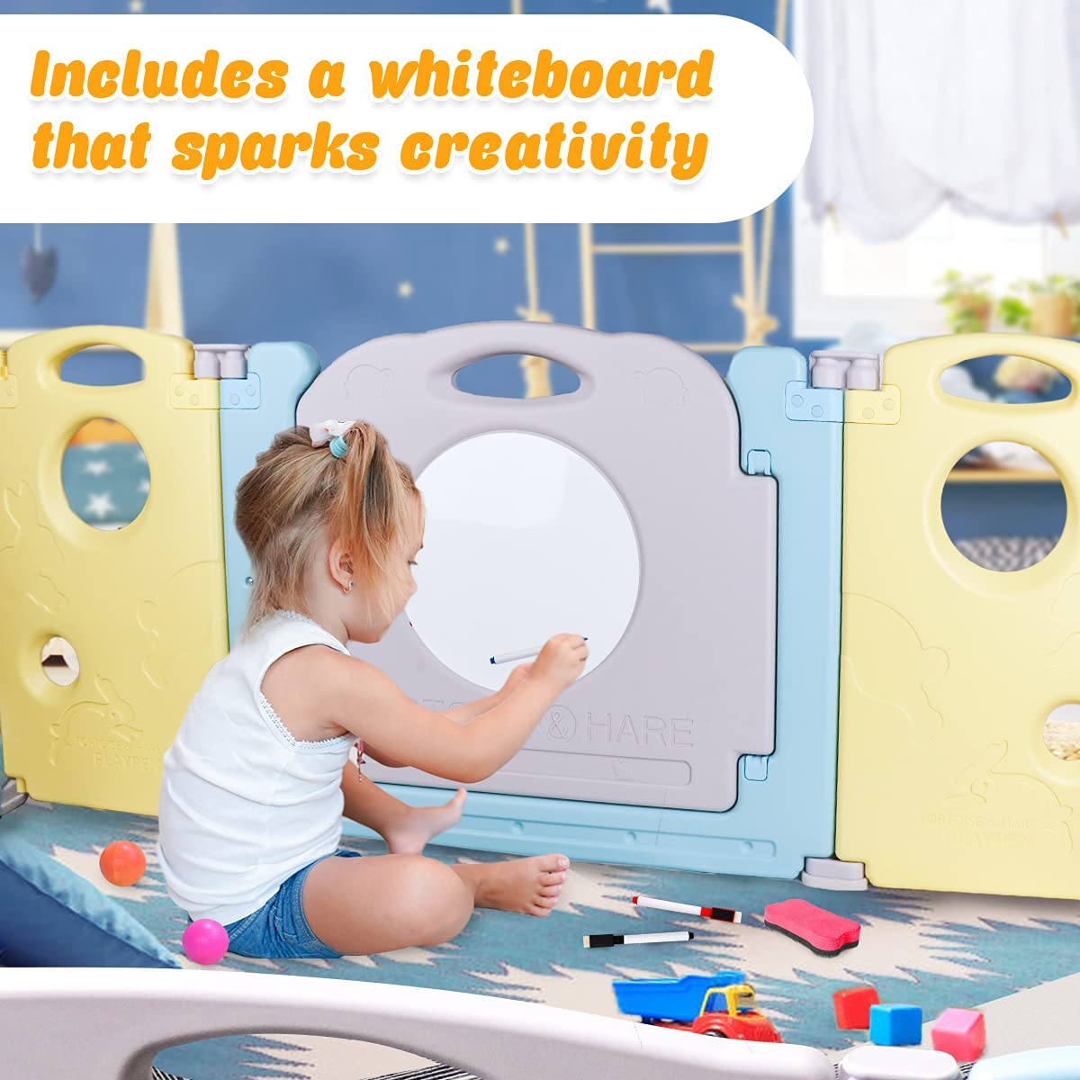Meland Foldable Baby Playpen with Mat - Baby Play Yard Baby Gate Playpen, Sturdy Baby Fence Play Area with Whiteboard and Activity Center, 14 Panel