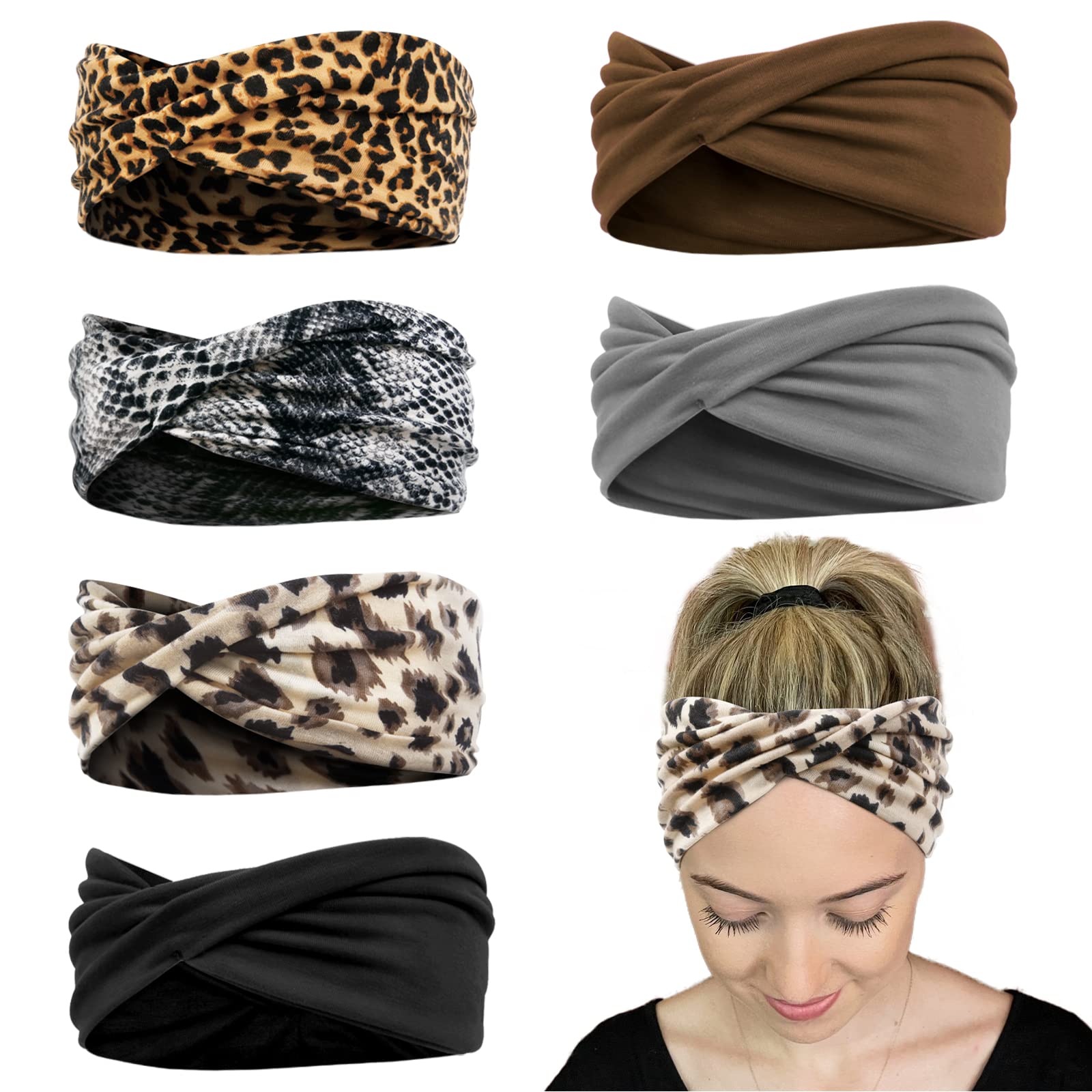 Huachi Twisted Headbands for Women's Hair Non Slip Wide Bandana Head Bands Cute Elastic Workout Hair Accessories, 6 Pack
