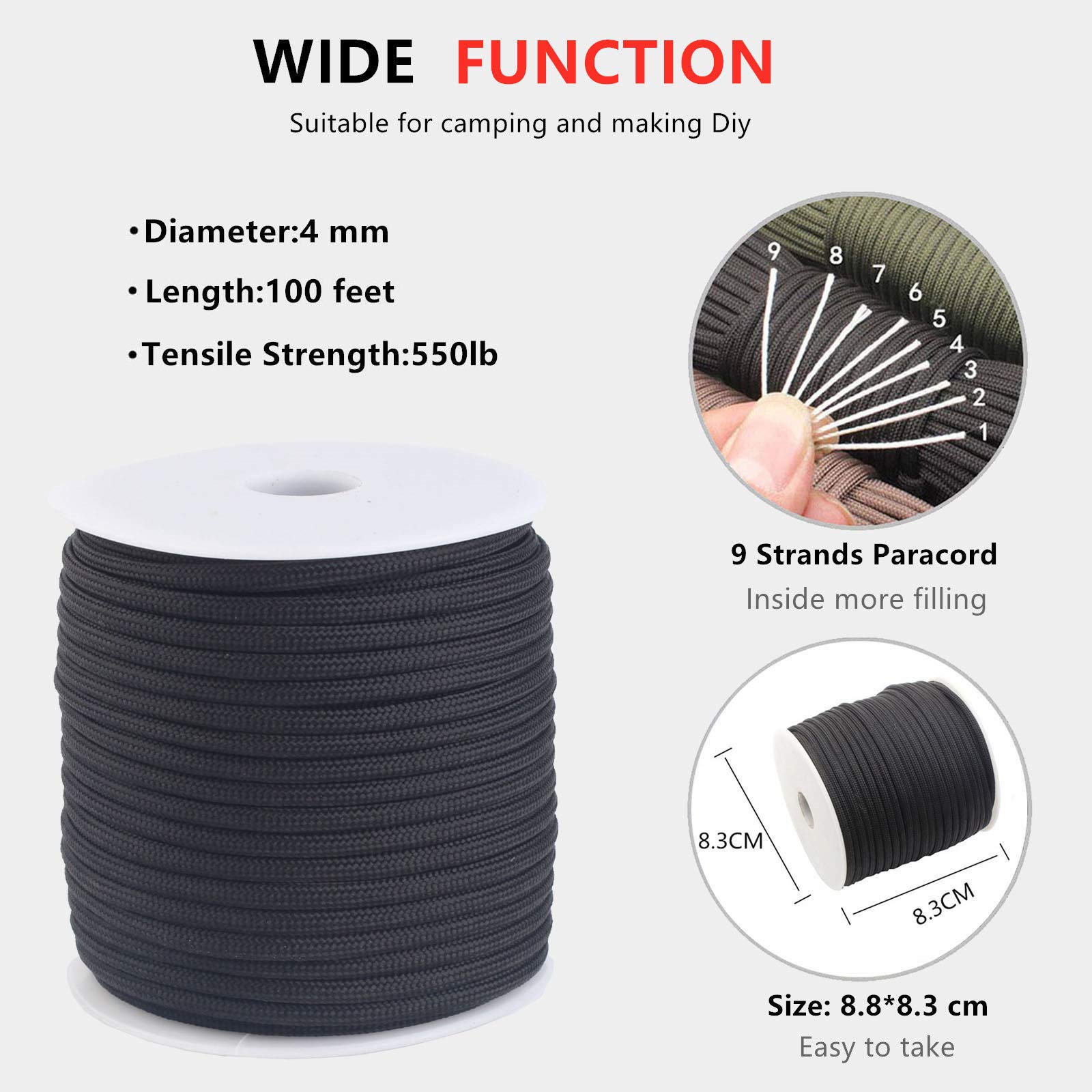 GeGeDa Paracord 550 Cord Roll Mil-Spec 550lb Paracord 100Feet Spool (Black, 100)