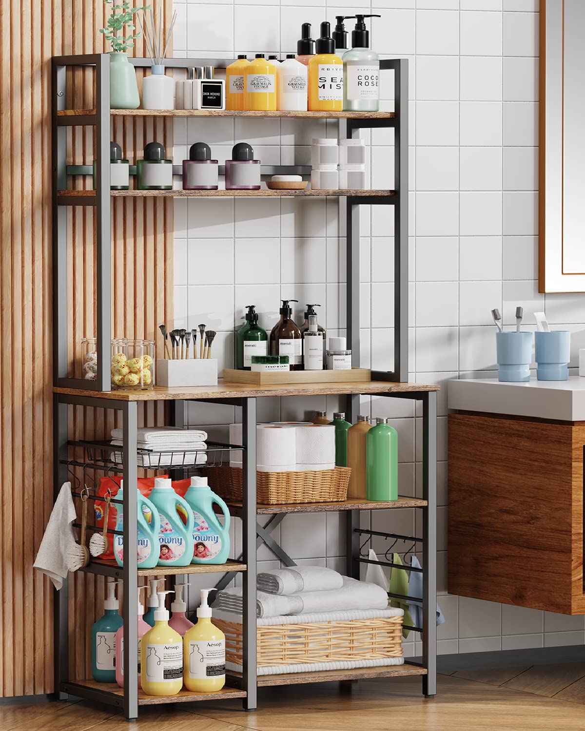 Gizoon Home Kitchen Baker's Rack with Spacious Storage, 5 Tier Versatile Microwave Stand Shelf with Basket & Side Hooks,Free Standing, Sturdy, Durable-Retro