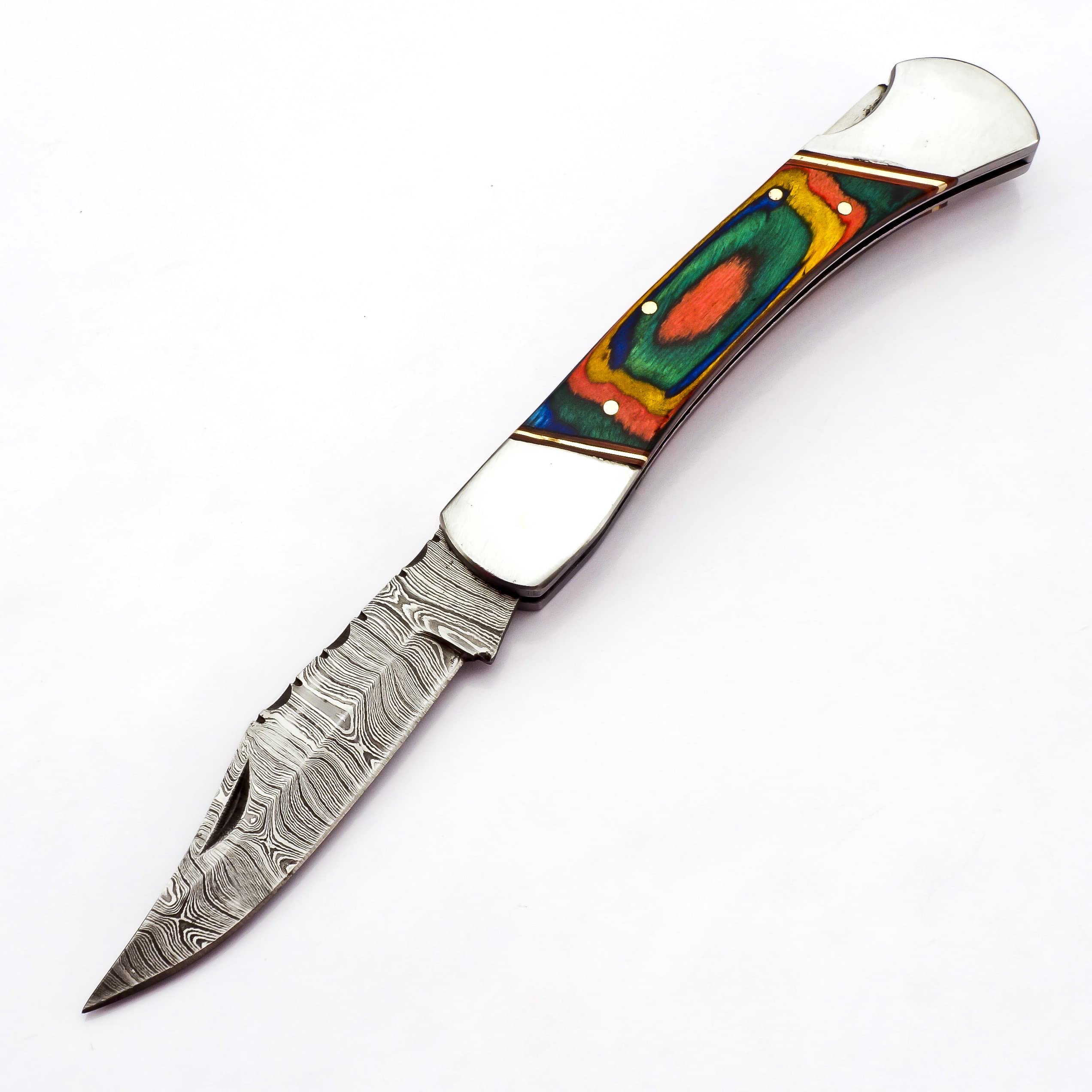 Generic Custom Hand Made Damascus Steel Hunting Folding Knife Handle Multi Color Pocket Knife with Back Lock (Multi Color) 9.00 INCHES LONG