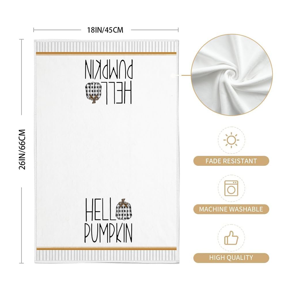 GEEORY Fall Kitchen Dish Towels Set of 2 for Fall Decor,Hello Pumpkin Beige Plaid Bowknot Orange Printed Pumpkin 18x26 Inch Drying Dishcloth,Farmhouse Home Decoration GD107
