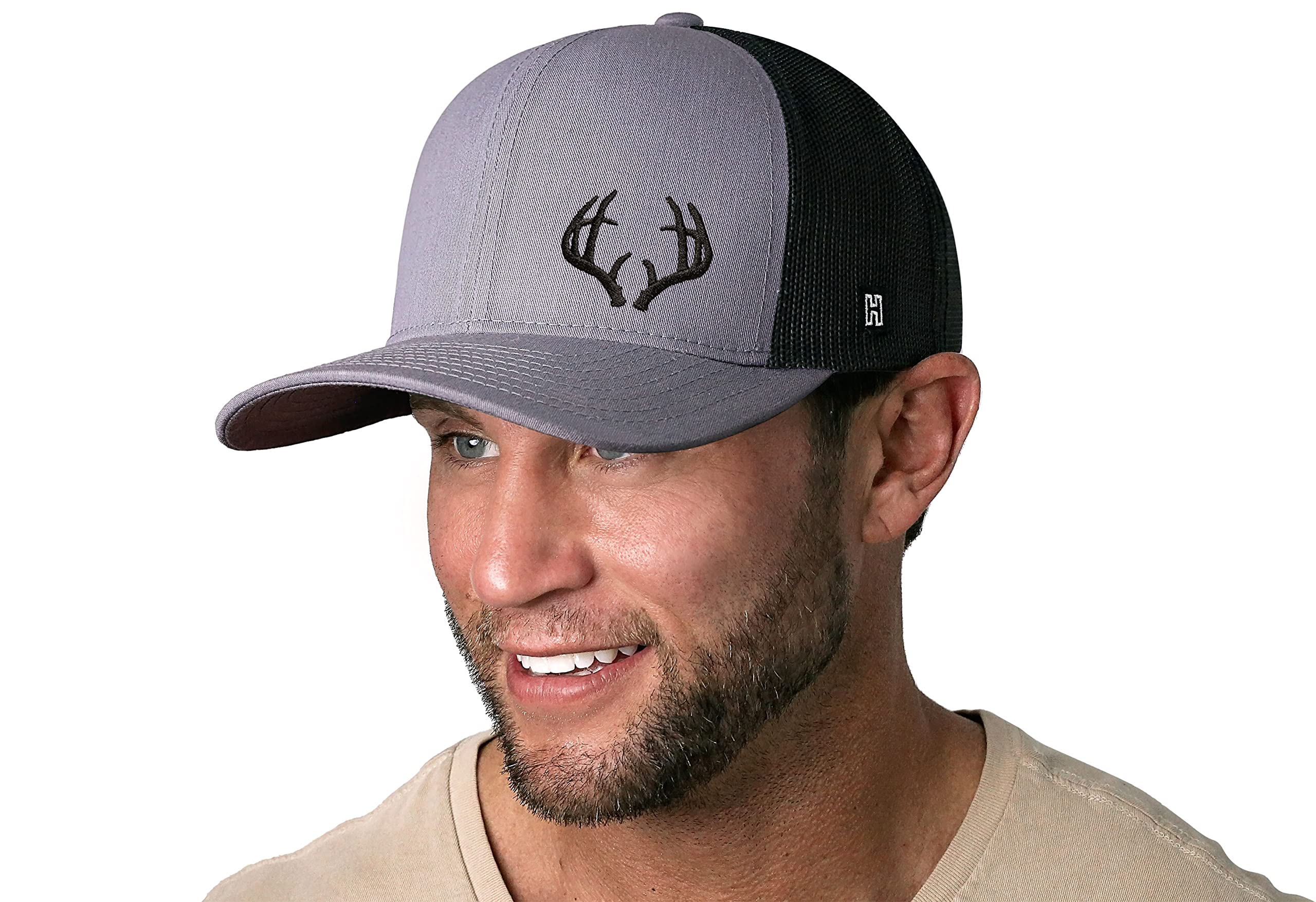 HAKA Buck Antler Embroidered Trucker Hat, Outdoor Hat for Men & Women, Adjustable Baseball Cap, Mesh Snapback, Golf Hat (Grey/Black)
