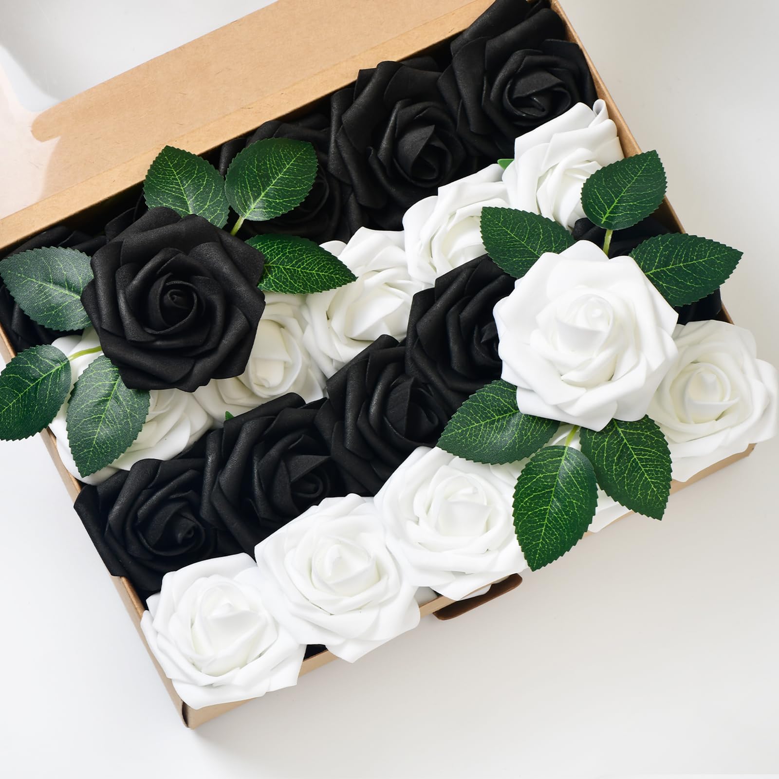 HappyHapi 40Pcs Artificial Flowers Roses Bulk Black&White Foam Fake Roses with Stems for Wedding, Bridal Shower Decorations Fake Flowers Centerpieces Tables Decorations