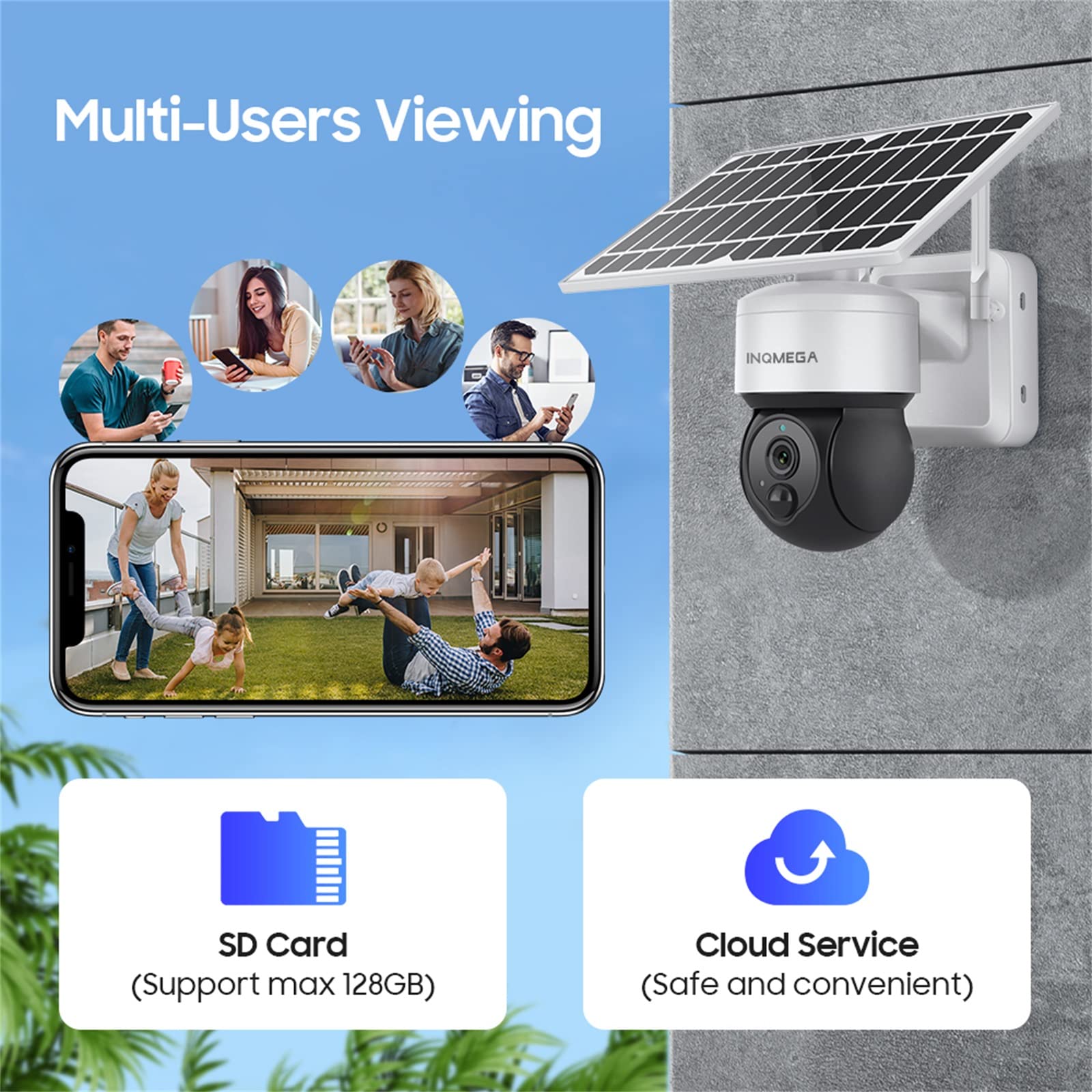 INQMEGA Solar Security Camera Outdoor, 360° PTZ WiFi Wireless Security Camera with 3MP UHD Night Vision, PIR Motion Detection and Siren,IP66 Waterproof,Two-Way Audio,SD/Cloud
