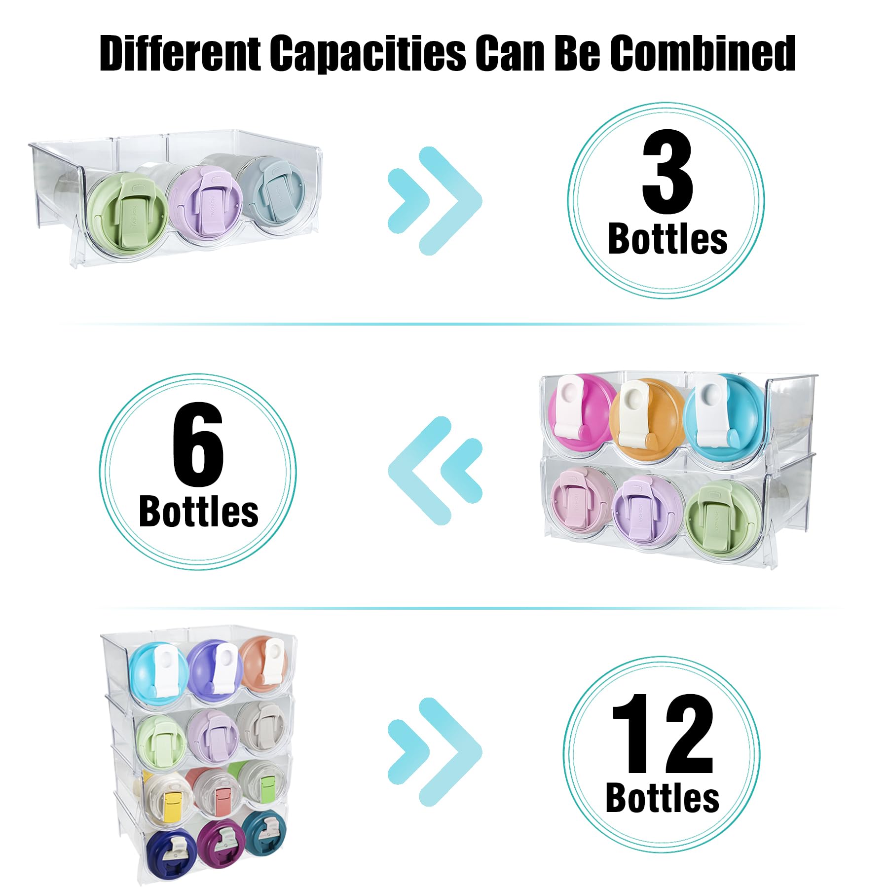 Golemas Water Bottle Organizer for Cabinet, Plastic Water Bottle Storage Rack, Stackable Tumbler Organizer Holder for Kitchen & Pantry Organization, Clear Home Refrigerator Shelf, 2Pack for 6 Bottles