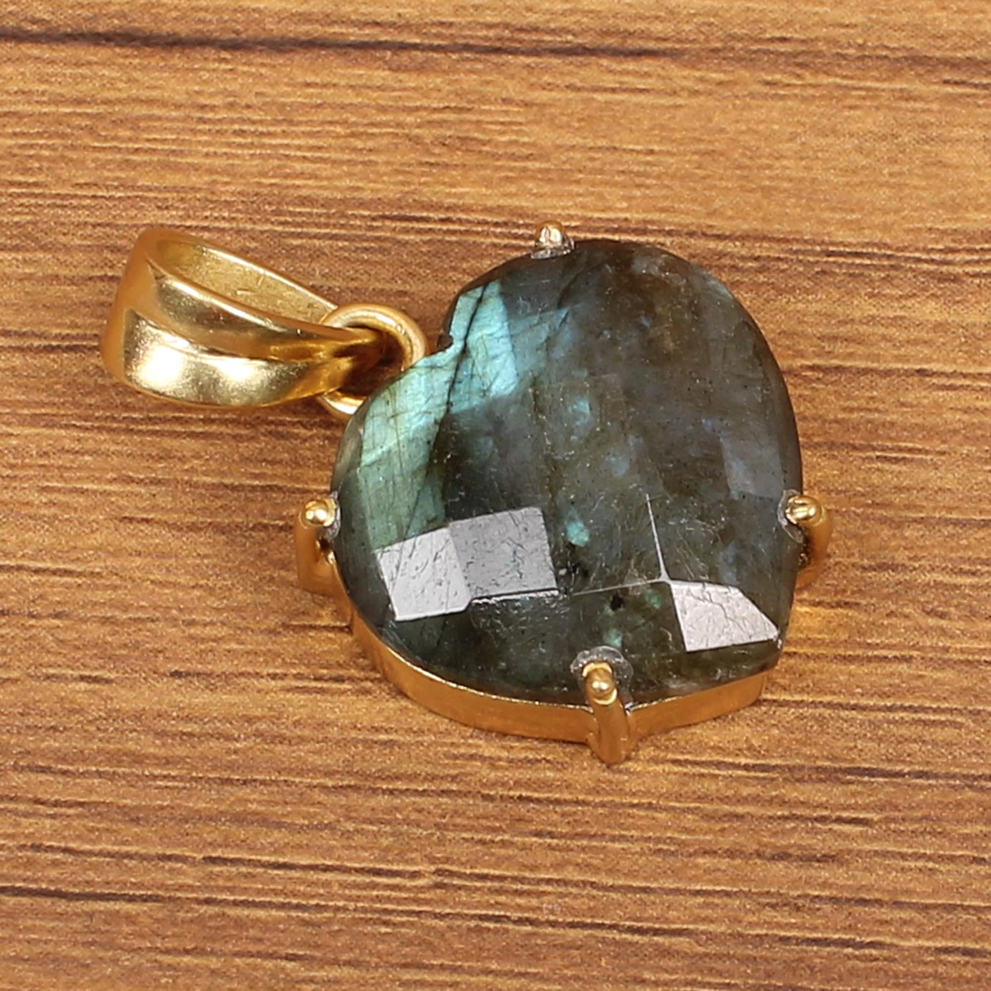 Heart Shape Blue Fire Labradorite Gemstone Gold Plated Brass Pendant, Green (AMZI-1108)