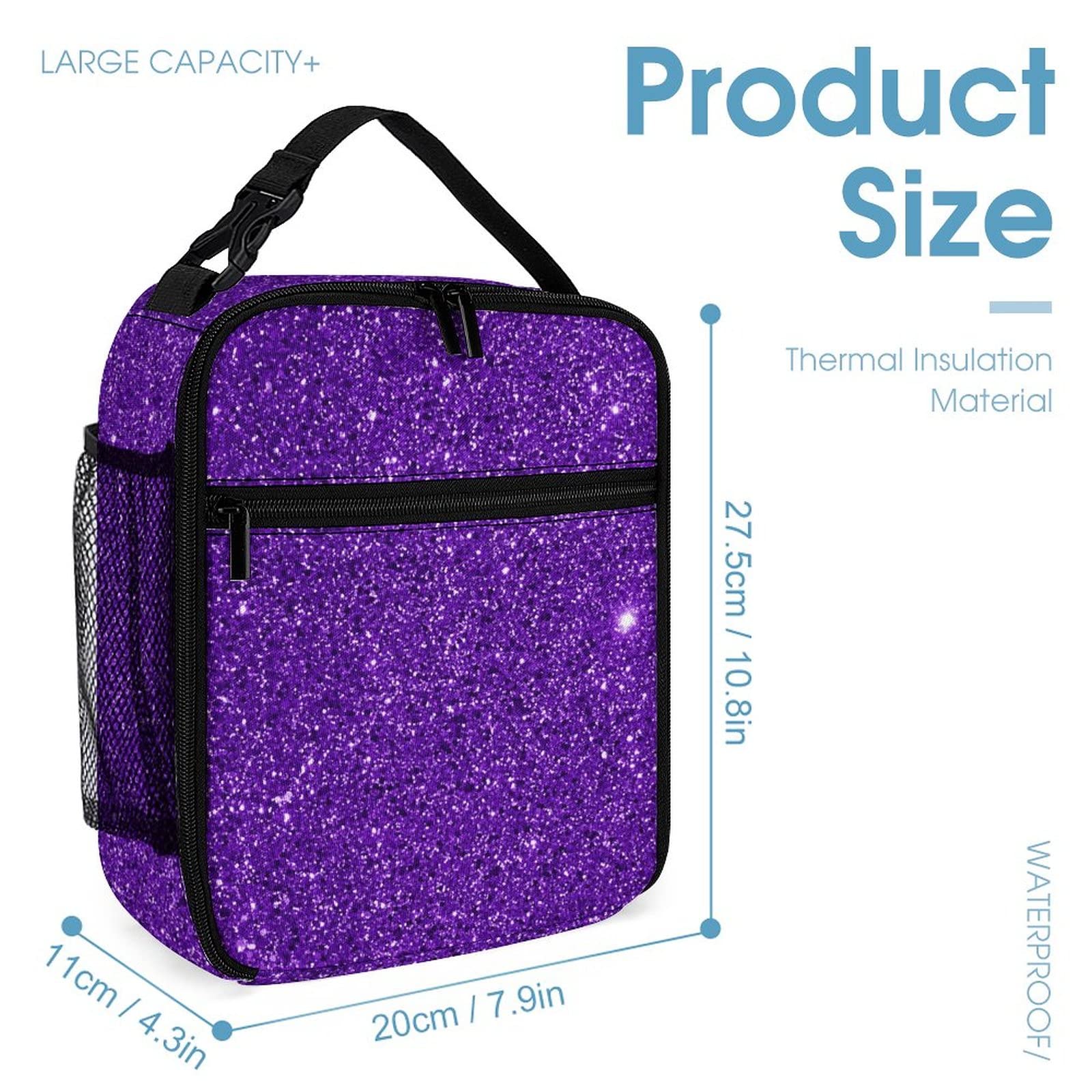 Insulated Lunch Bag Purple Glitter School Lunch Box for 6+ Years Old Boys Girls Bling Thermal Reusable Work Lunch Cooler for Men Women Office