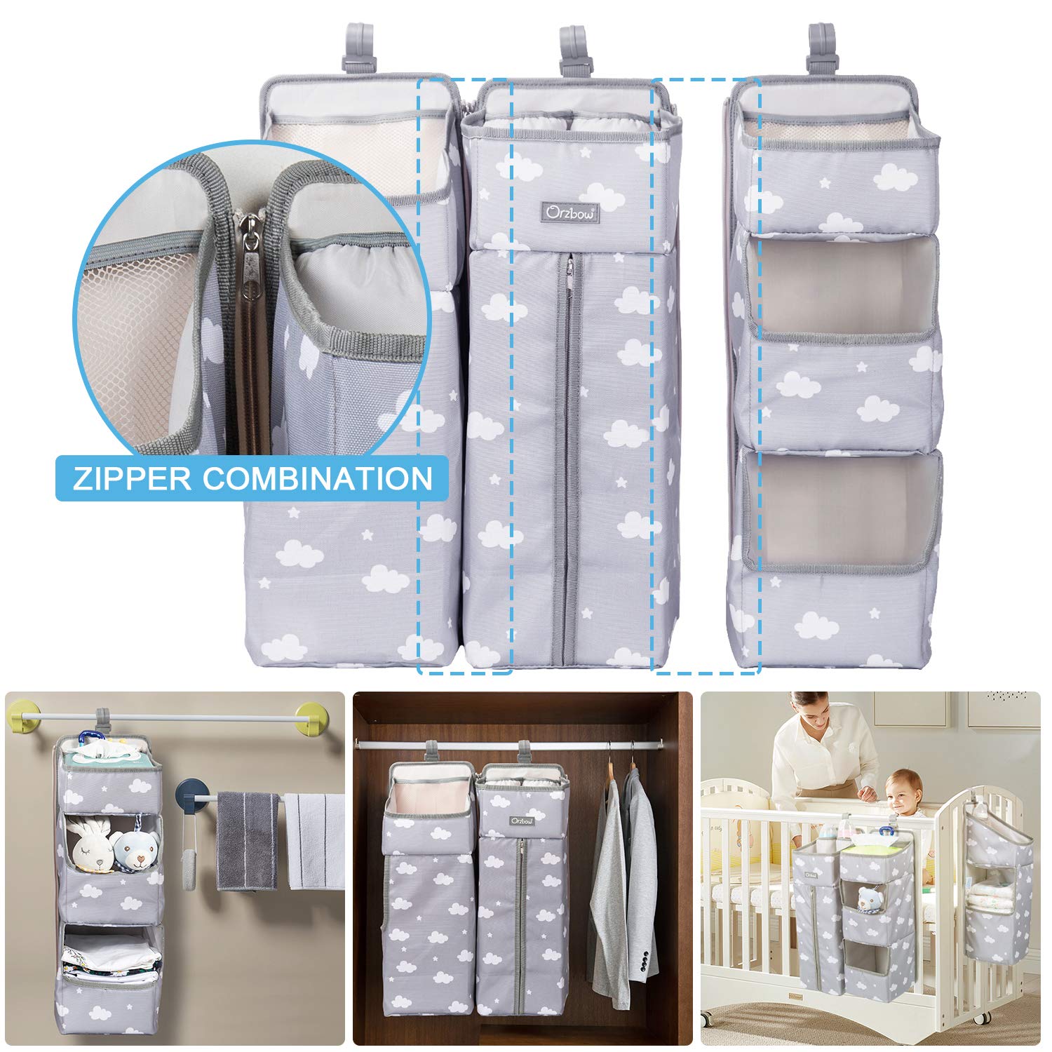 IvyWind Hanging Diaper Caddy For Baby Essentials | Crib Organizer No Sagging | Diaper Organizer for Changing Table, pack n play, Wall(Gray)