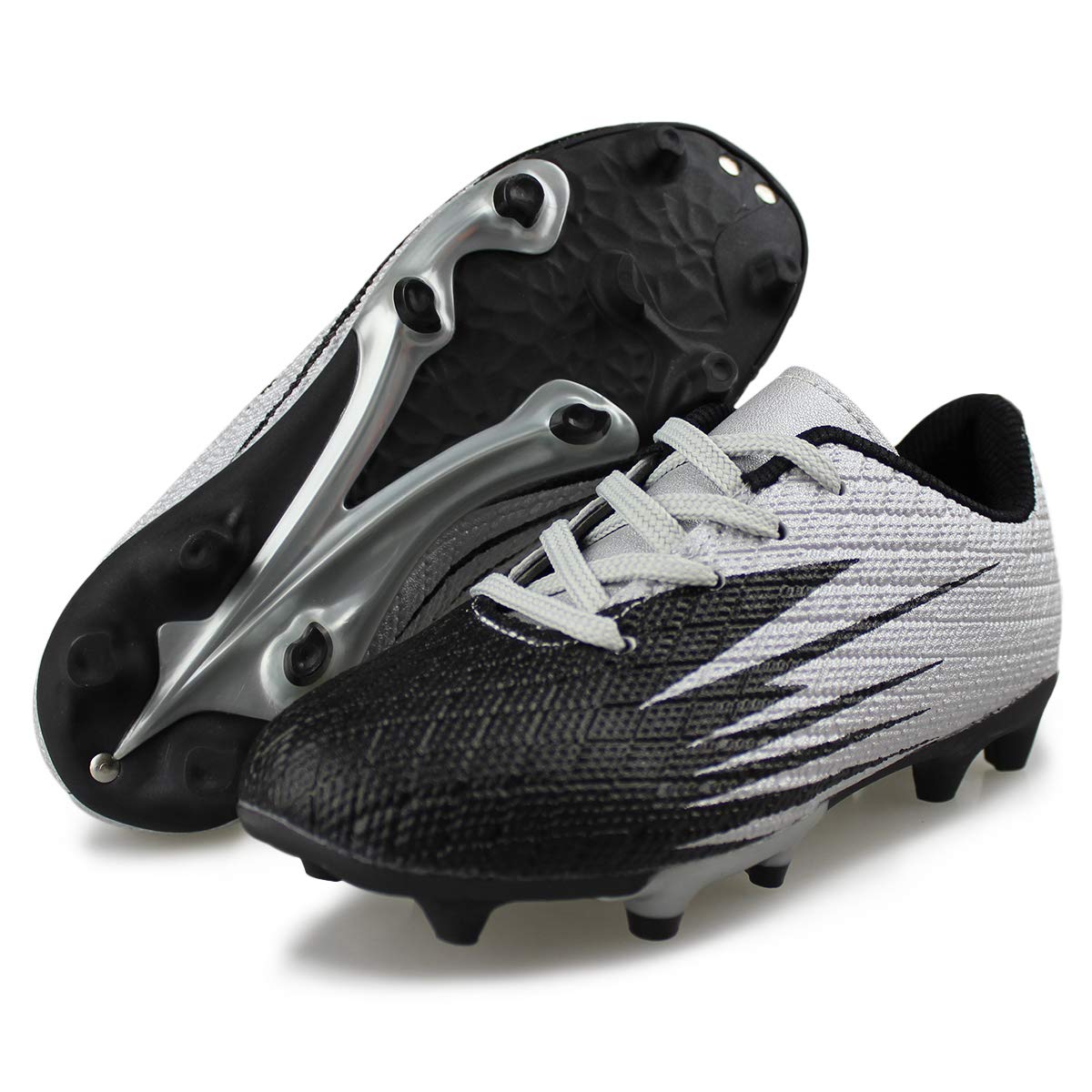 Hawkwell Kids Outdoor Comfortable Soccer Shoes(Toddler/Little Kid/Big Kid), Black Silver PU, 4 M US