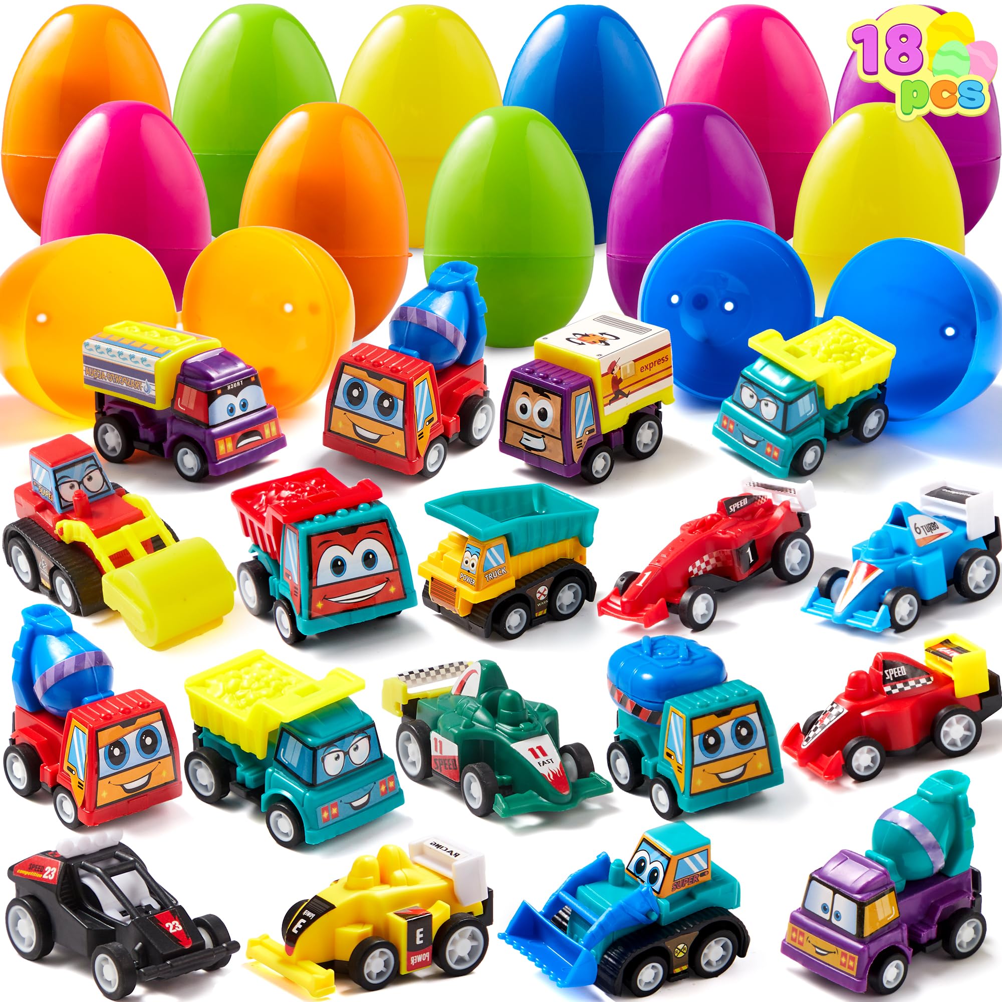 JOYIN 18 Pcs Pre-Filled Easter Eggs with Pull Back Cars for Boys, 3'' Easter Eggs with Construction Vehicles and Race Cars for Kids Easter Eggs Hunt, Easter Basket Stuffers, Easter Goodie Bag Fillers
