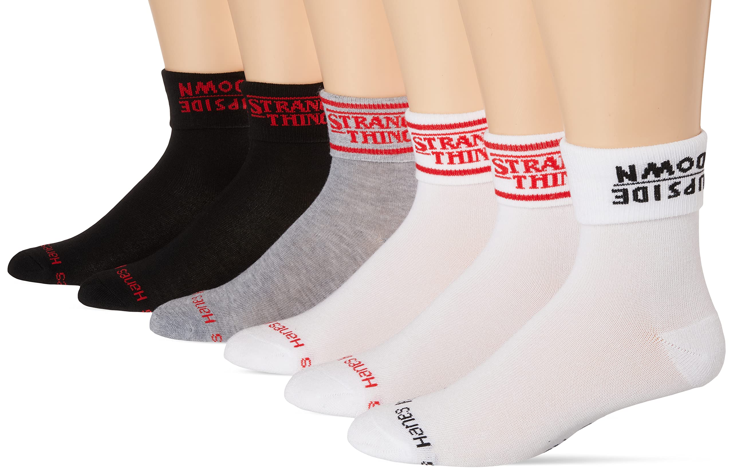 Hanes Stranger Things Pack, Unisex Ankle Socks with Fold-Over Cuffs, Hellfire Club Black/White/Grey Assorted, Women's Shoe Sizes 10-12 and Men's Shoe Sizes 9-12