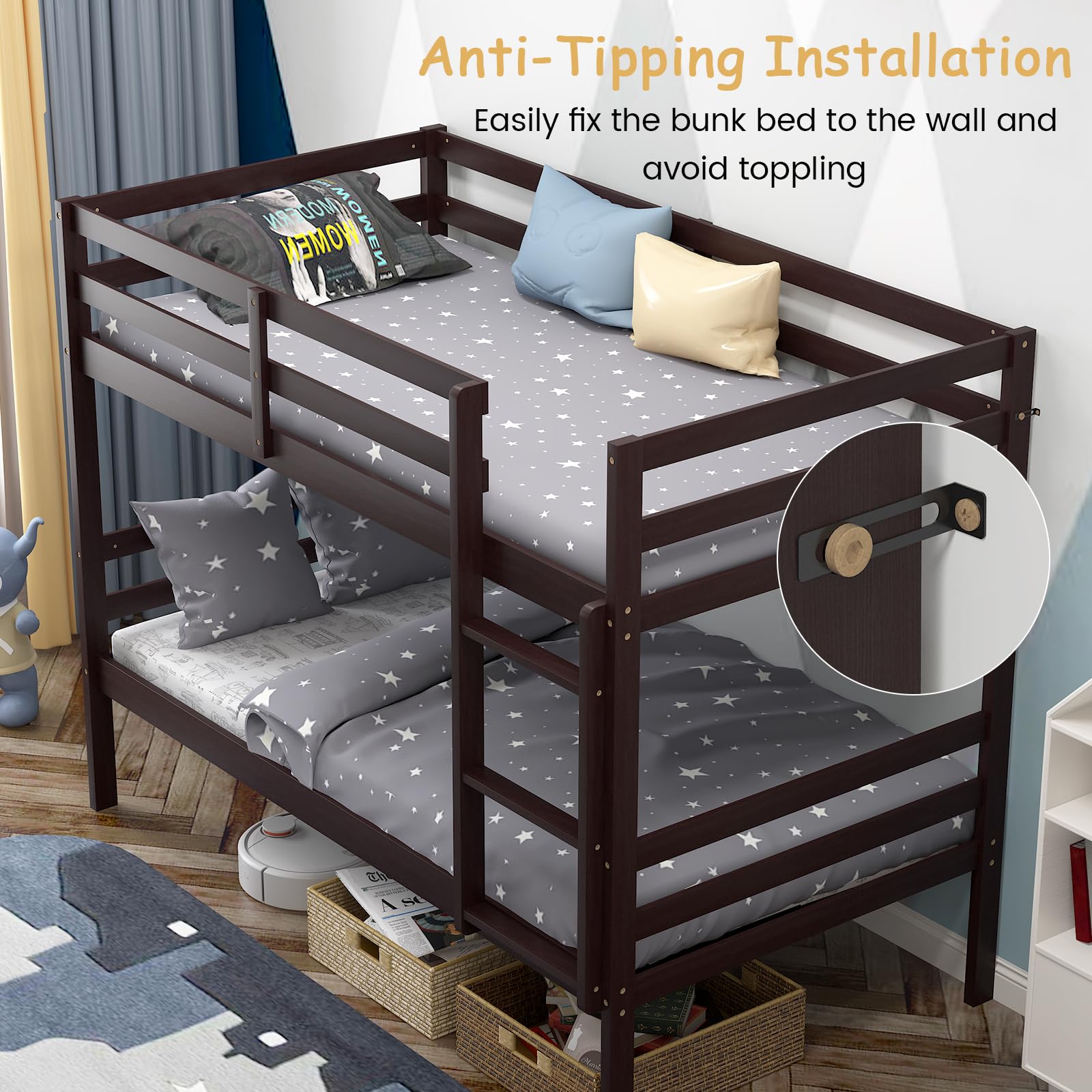 Giantex Bunk Bed Twin Over Twin White, Solid Wood Bunk Bed with Sturdy Ladder & 12 Inch Safety Guard Rails, Twin Size Wood Bed Frame for Dormitory, No Box Spring Needed, Bunk Beds for Kids Teens
