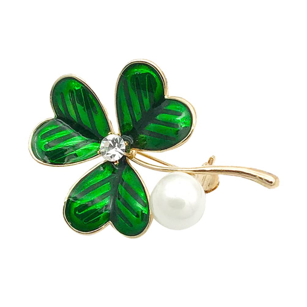 Generic Green Four Leaf Clover Pin St Patricks Day Shamrock Brooch Pin Pearl Enamel Brooch Breastpin Irish Jewelry for Party Accessory