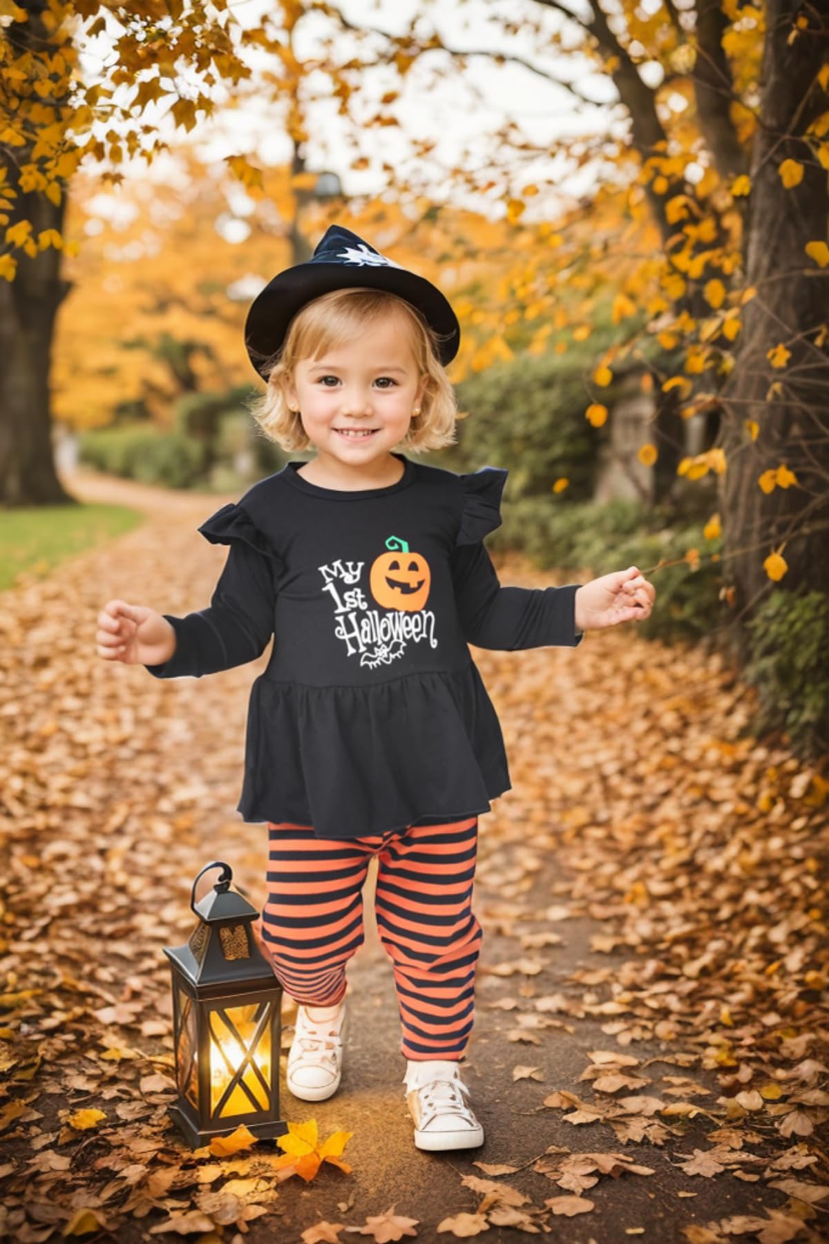 Noubeau My 1st Halloween Baby Girl Outfits Ruffle Pumpkin Print Tunic Drees Shirt Stripe Pants Legging Fall Winter Clothes(Black- A,6-12 Months)