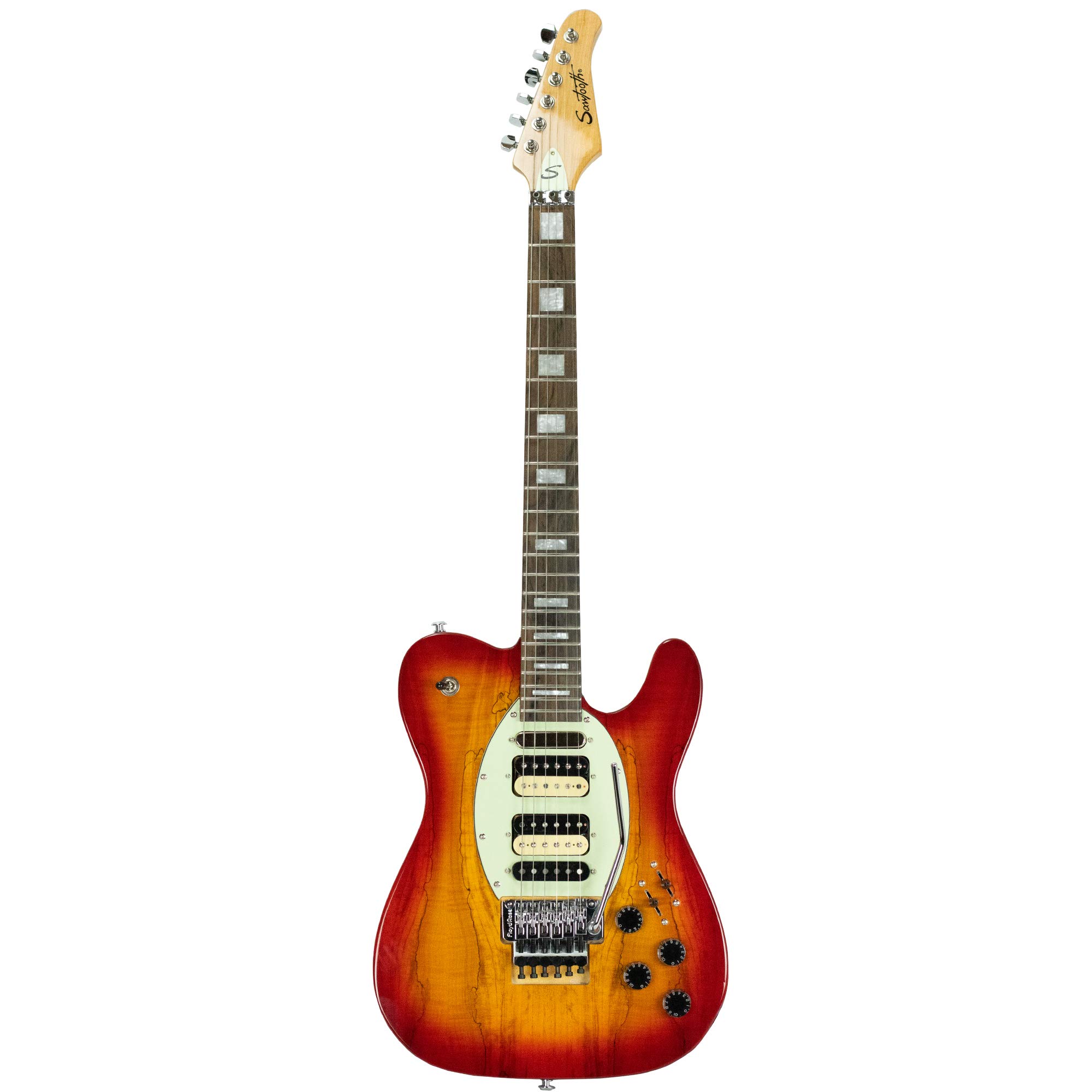 GoDpsMusic 6 String Sawtooth ET Hybrid Electric Guitar Designed by Michael Angelo Batio w Gig Bag and Accessories, Right, Spalted Maple Trans Cherry Burst (ST FL-SMTCB-KIT)