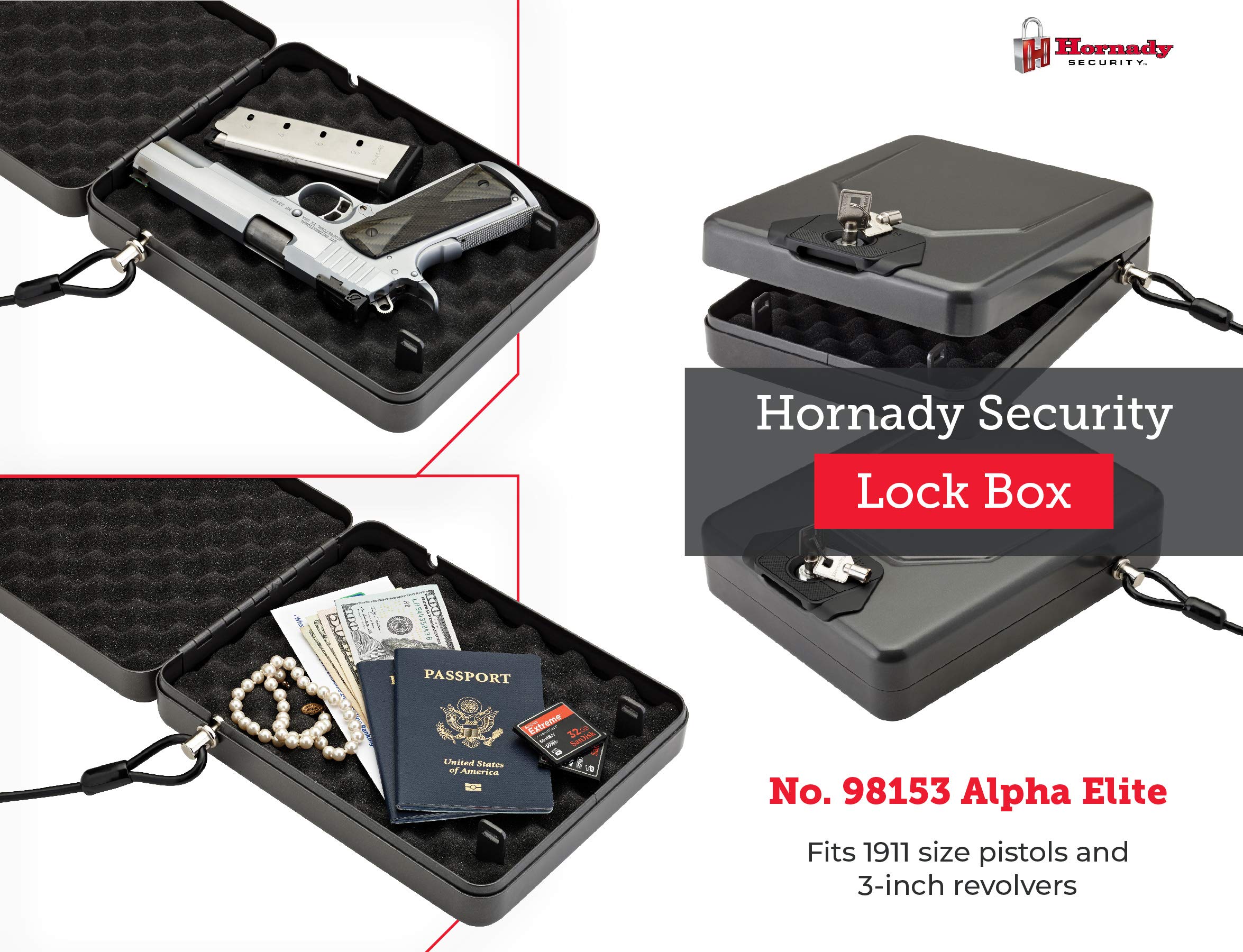 Hornady Alpha Elite Portable Lock Box for Guns and Valuables β Includes 2 Keys and 4 Foot Steel Cable β Thick 16-Gauge Steel, An Ideal Car Lock Box or Truck Safe β Black, 10.25 x 8 x 2.75 Inches