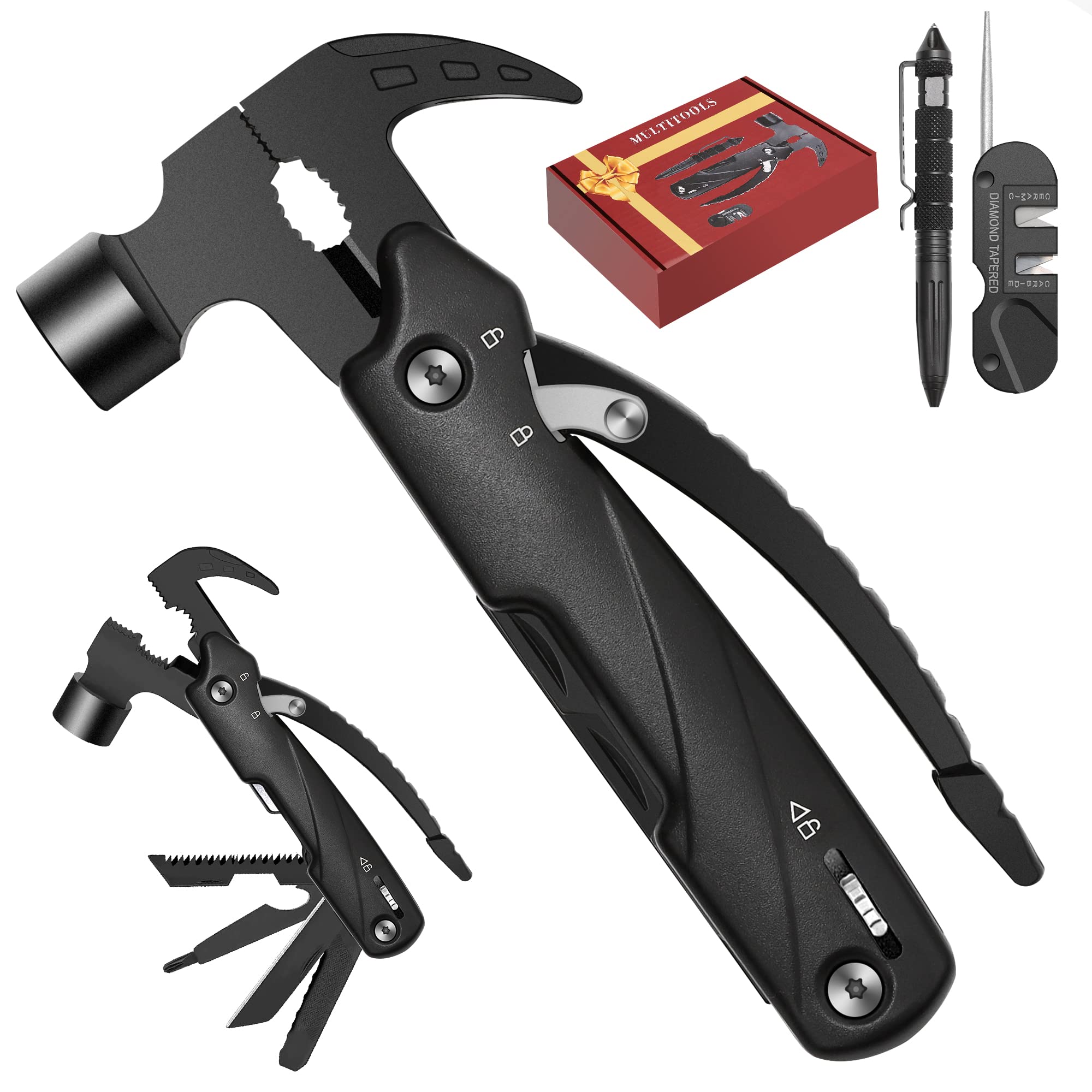 Gifts for Dad, 12-in-1 Mini Multitool with Tactical Pen, Portable Survial Tools Set for Camping/Hiking/Spring Outing/Hunting, Anti-Rust Hammer with Safety Lock, Best Gift for Men Husband Boyfriend Him
