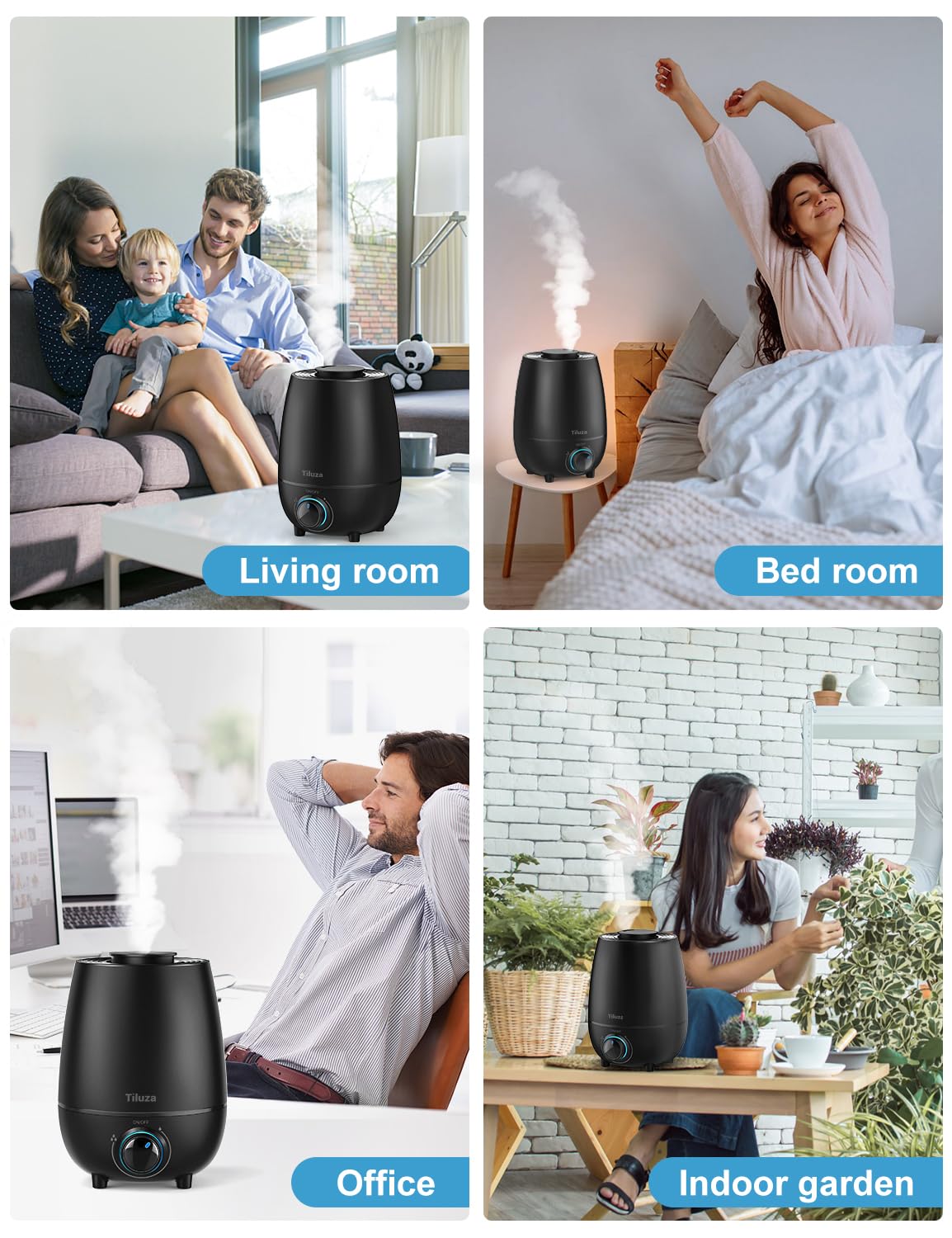 Humidifiers for Bedroom, Tiluza 3L Cool Mist Humidifier for Home Plant and Baby Nursery, Top Fill Quiet Ultrasonic Air Humidifier with 360° Nozzle, Auto Shut-Off, Filterless