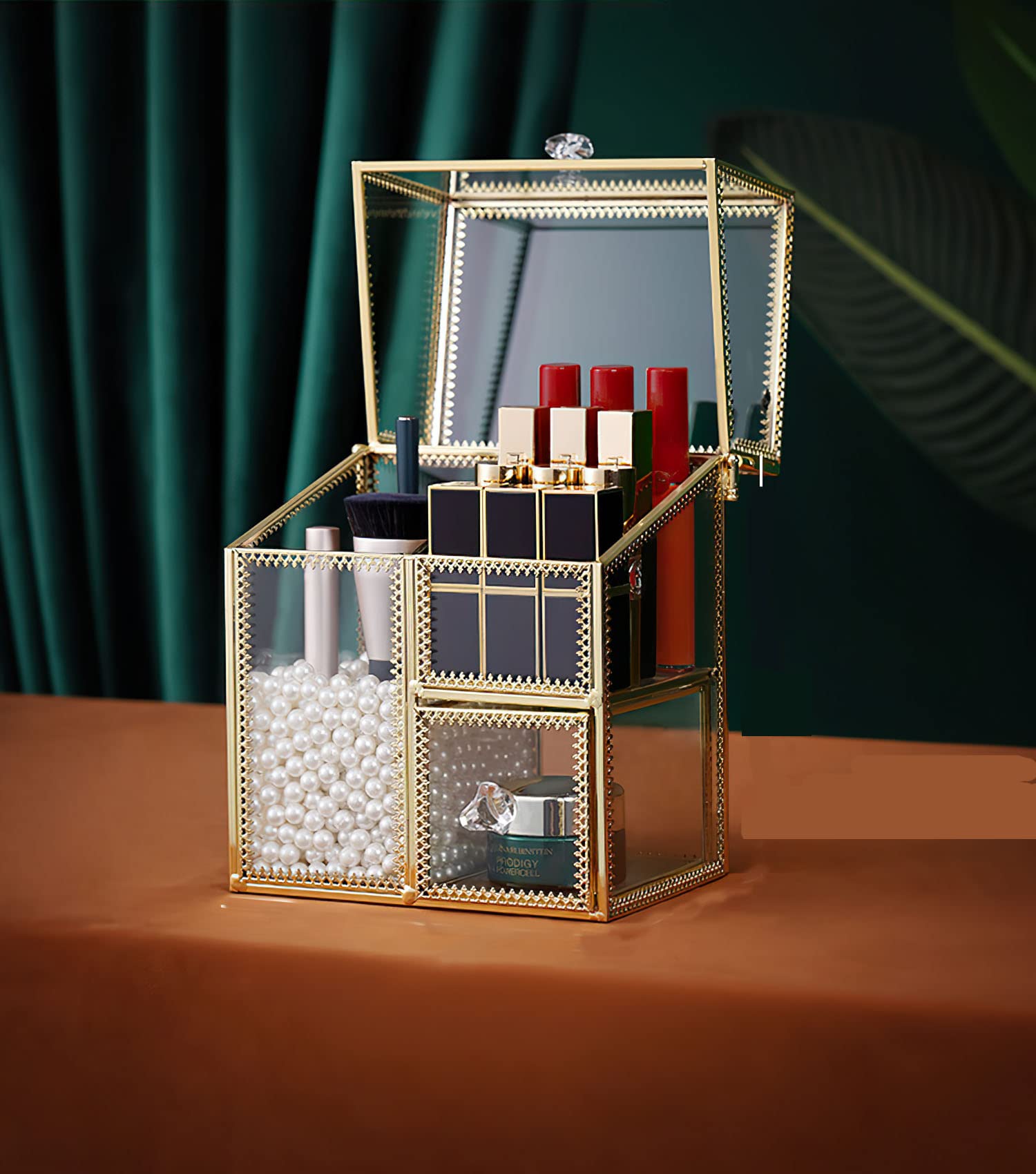 Large Glass Makeup Organizer Drawer Set Beauty Storage Bathroom Counter Organizer Cosmetic Display Jewelry Display Holder with 1300 pearls (16inx8.3inx4.3in)