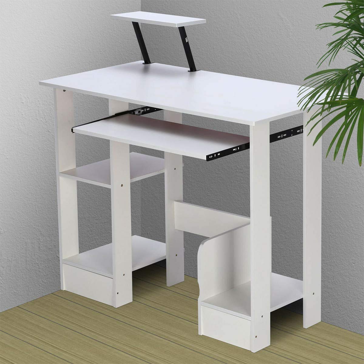 Harapu Strong Bearing Computer Desk, Home Office Storage Shelves Study Workstation Laptop Table, L90 x W48 x H73 cm, Warm White