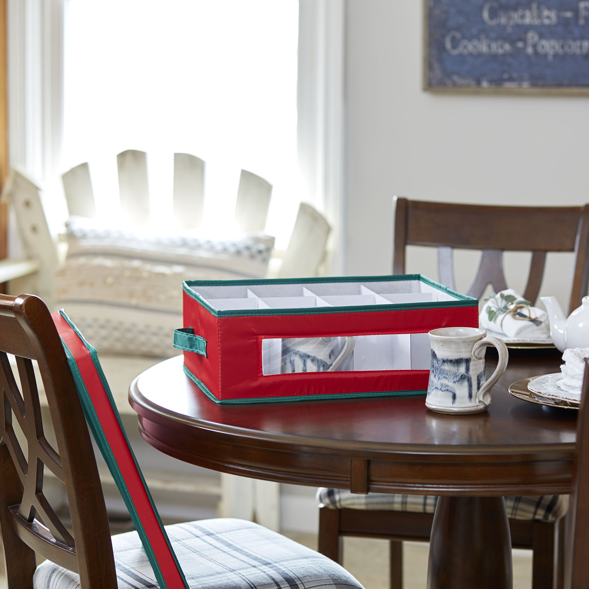 Household Essentials 538RED Holiday China Dinnerware Storage Chest for Coffee Mugs | Removable Lid | Red Canvas with Green Trim