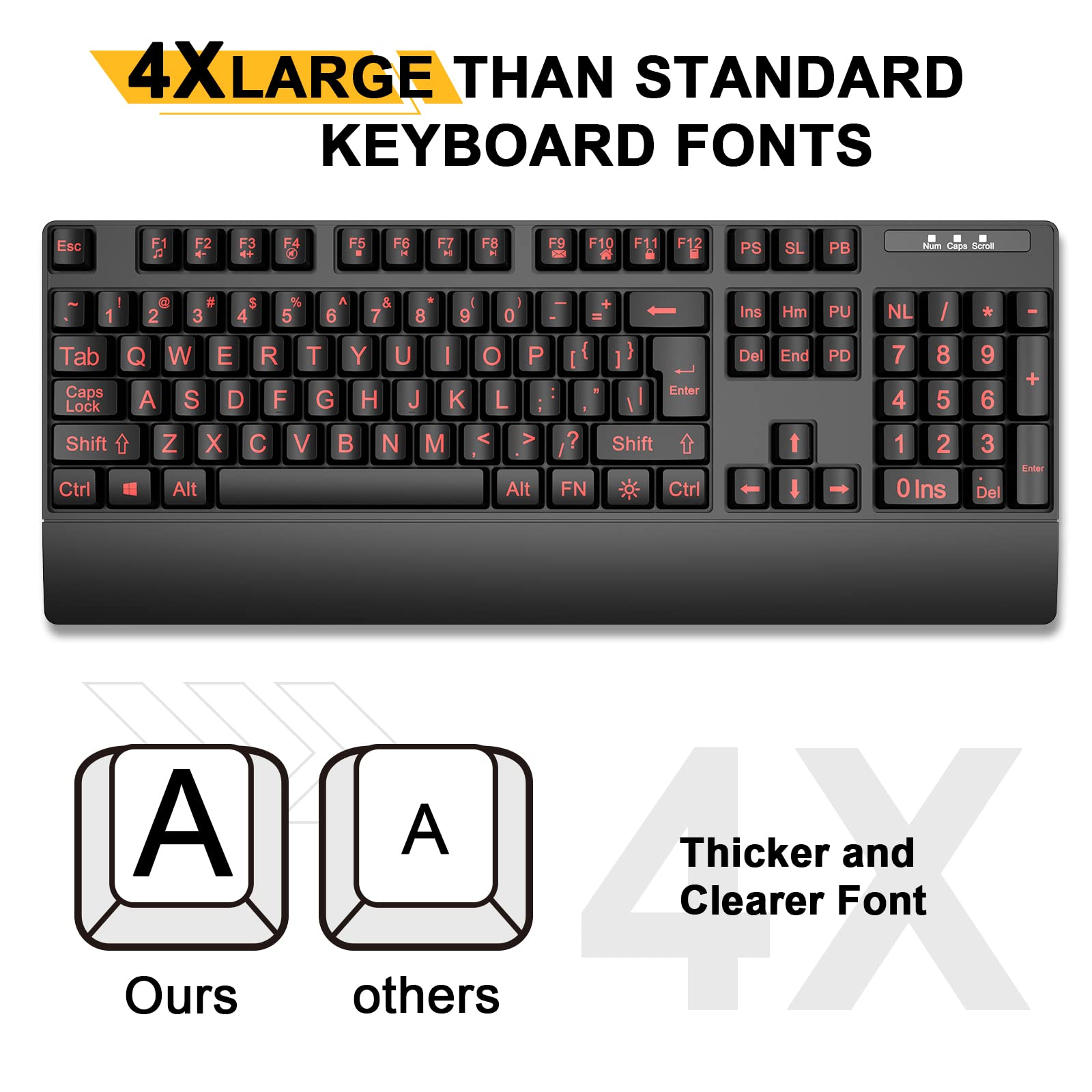 Large Print Keyboard Backlit, Wired USB High Contrast Keyboard, Full Size Large Font Print Keyboard with White Illuminated LED Compatible for Kids Elderly or Visually Impaired