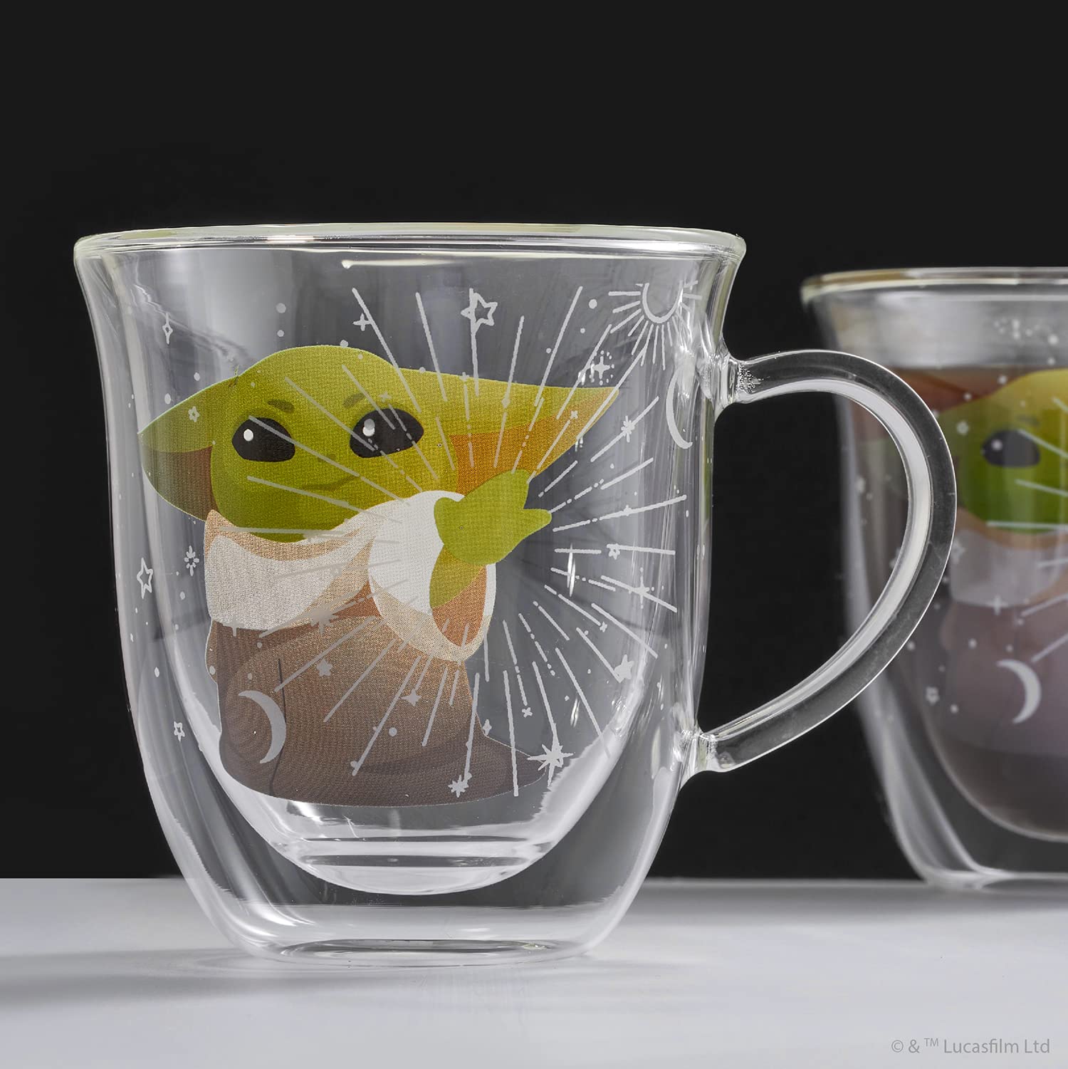 JoyJolt Mandalorian Mystic Grogu 13.5oz Coffee Mug, Double Wall Mug Set of 2. Large Espresso Cups, Cappuccino or Latte Cup. Mandalorian Star Wars Mugs, Glass Coffee Cup, Insulated Coffee Mug