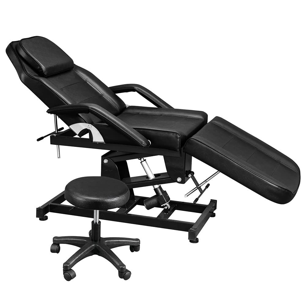 MENGK 72in 3-Section Spa Beauty Salon Tattoo Massage Bed with Motorized Reclinable Height Power Lift & Stool Black