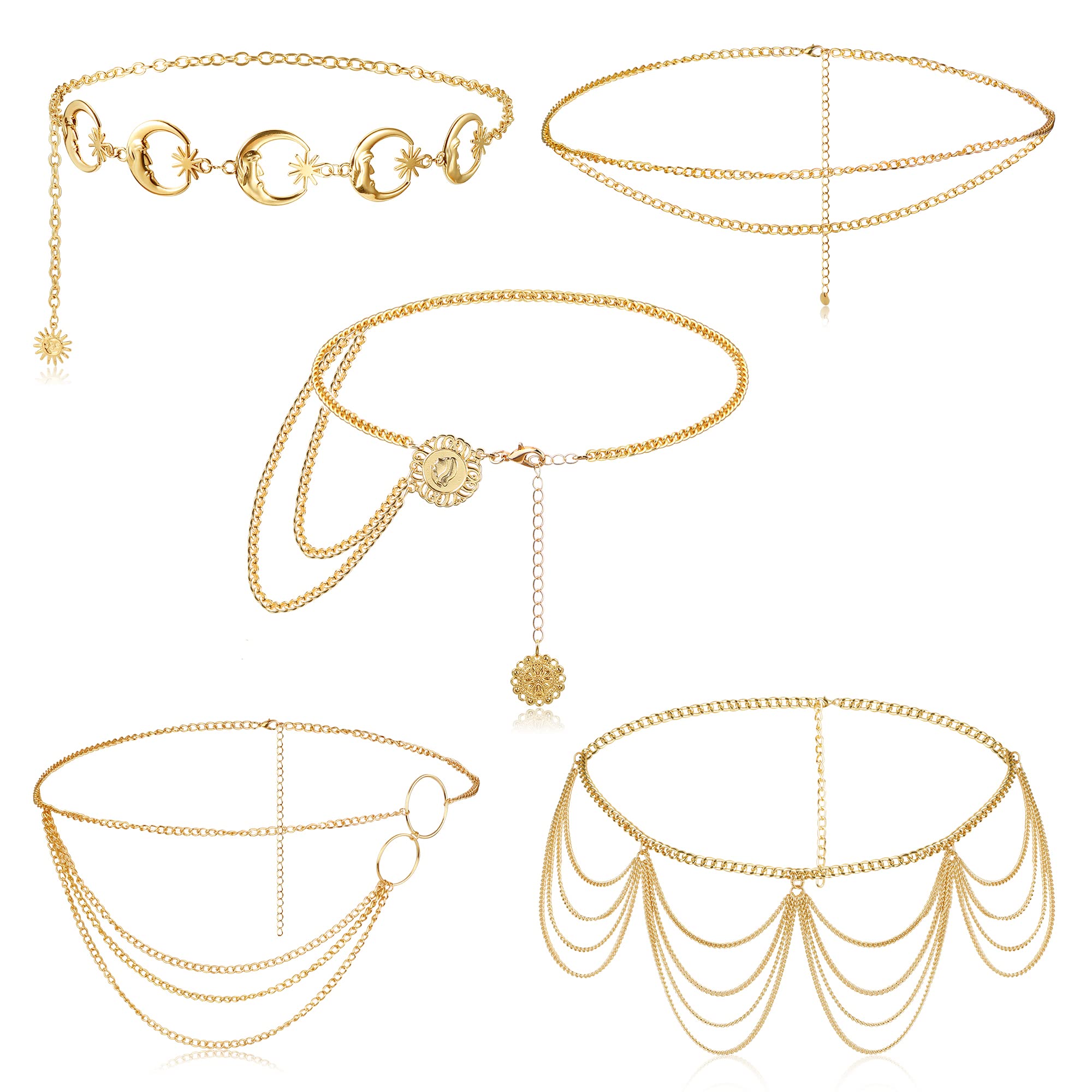 HAIAISO 5PCS Belly Waist Chain Multi-layer Metal Waist Chain Adjustable Body Link Belts Summer Bikini Sexy Waist Body Chain Jewelry for Women(Gold)