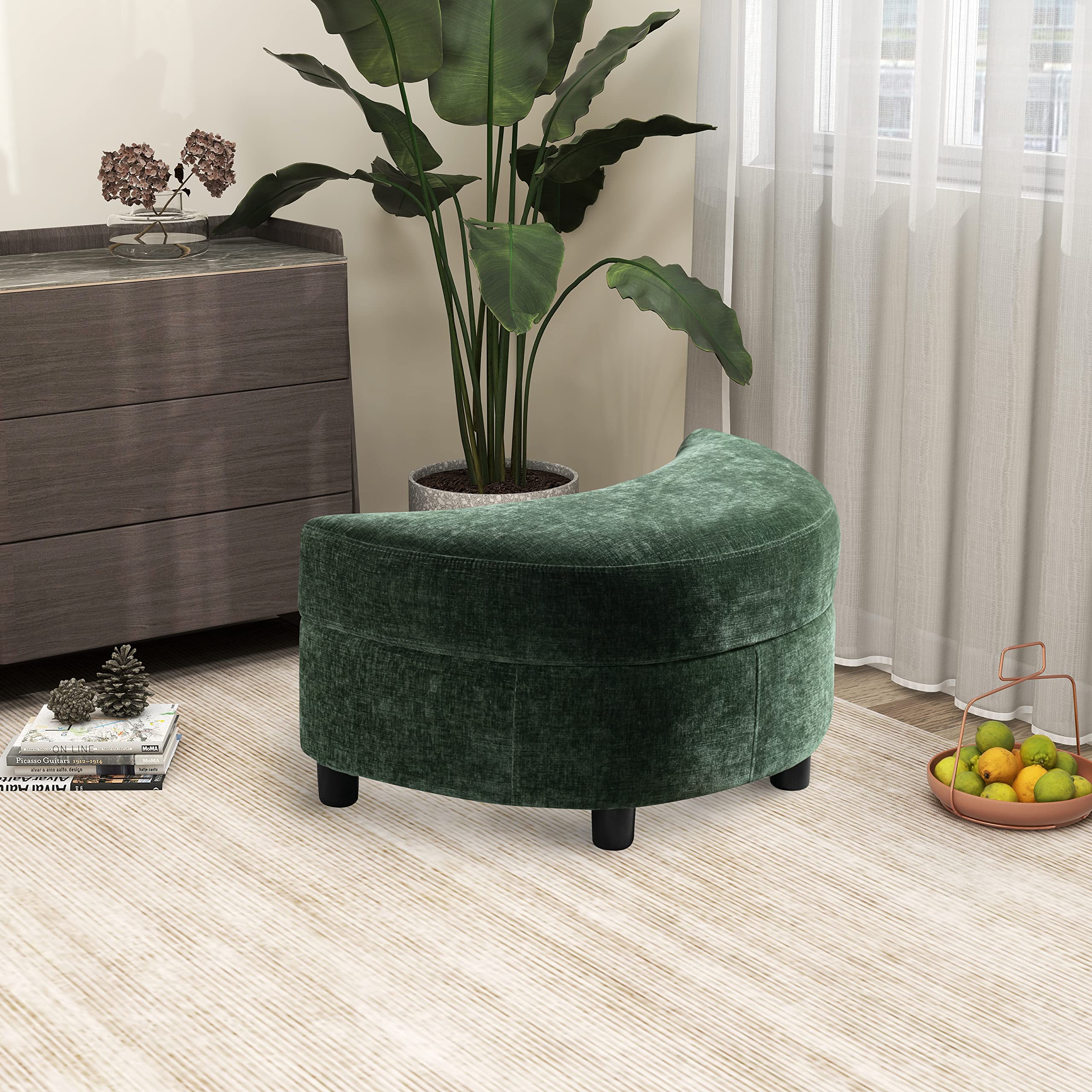 HABITRIO Storage Ottoman, Green Chenille Upholstered Half Crescent Moon Bench w/ 1 Toss Pillow, Tray Serve As Side Table, Padded Seat Dressing Shoe Bench Footrest for Living Room, Entryway, Hallway