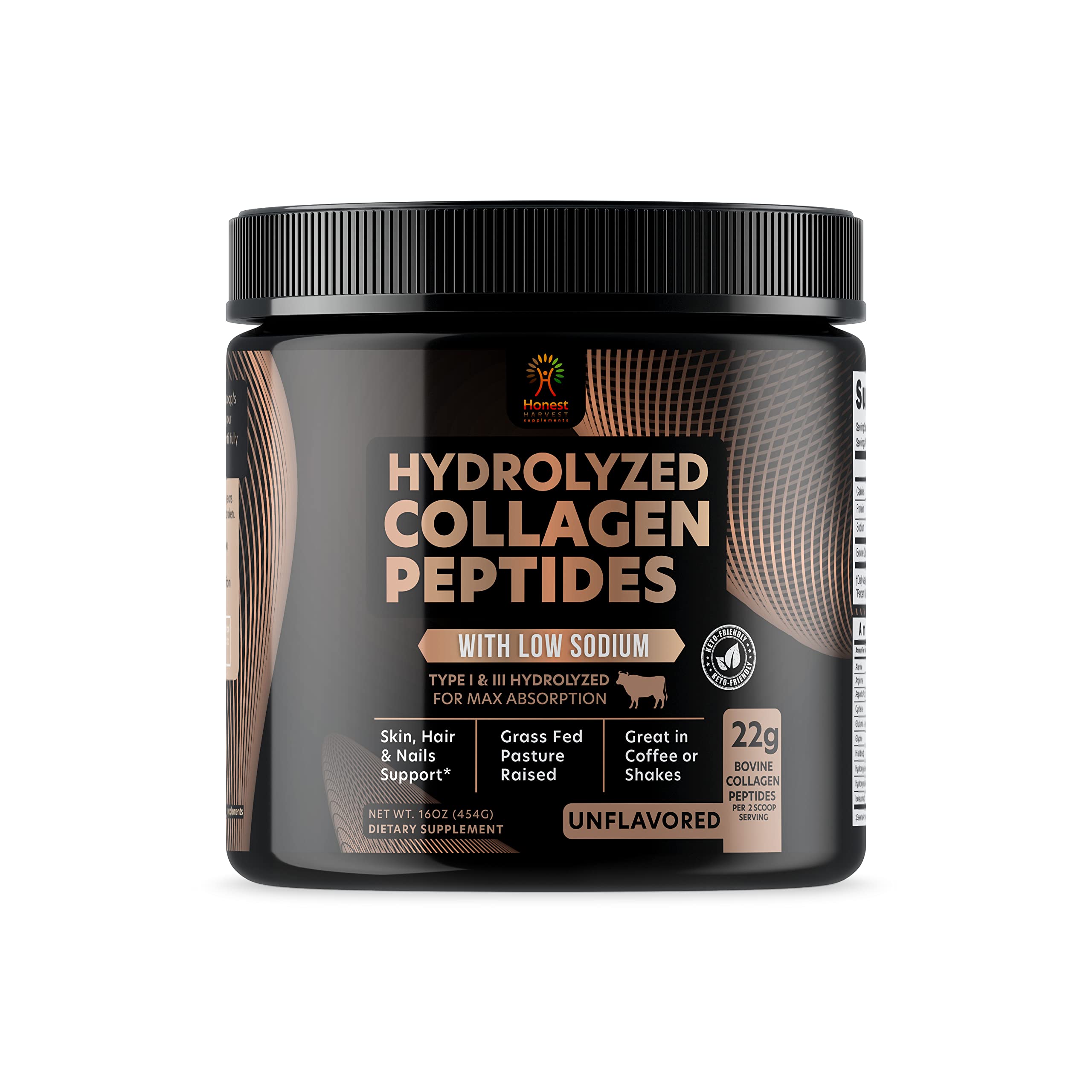 Honest Harvest Supplements Hydrolyzed Collagen Peptides Powder | Low Sodium Keto Friendly - Support Skin, Hair & Nails, Joints- 22g Serv | Unflavored Grass Fed Pasture Raised Type I & III Collagen
