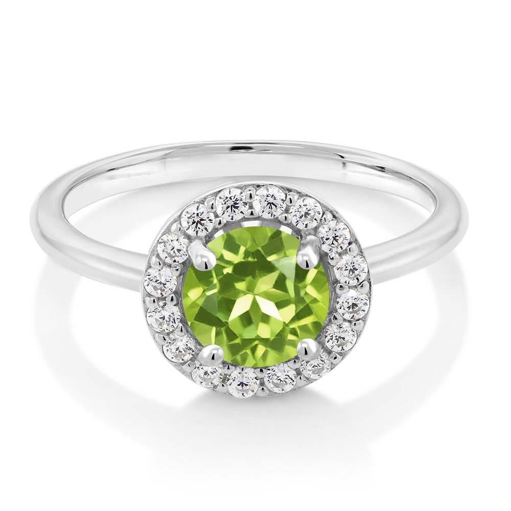 Gem Stone King 925 Sterling Silver Green Peridot Halo Engagement Ring For Women (1.55 Cttw, Gemstone Birthstone, Available in size 5, 6, 7, 8, 9)