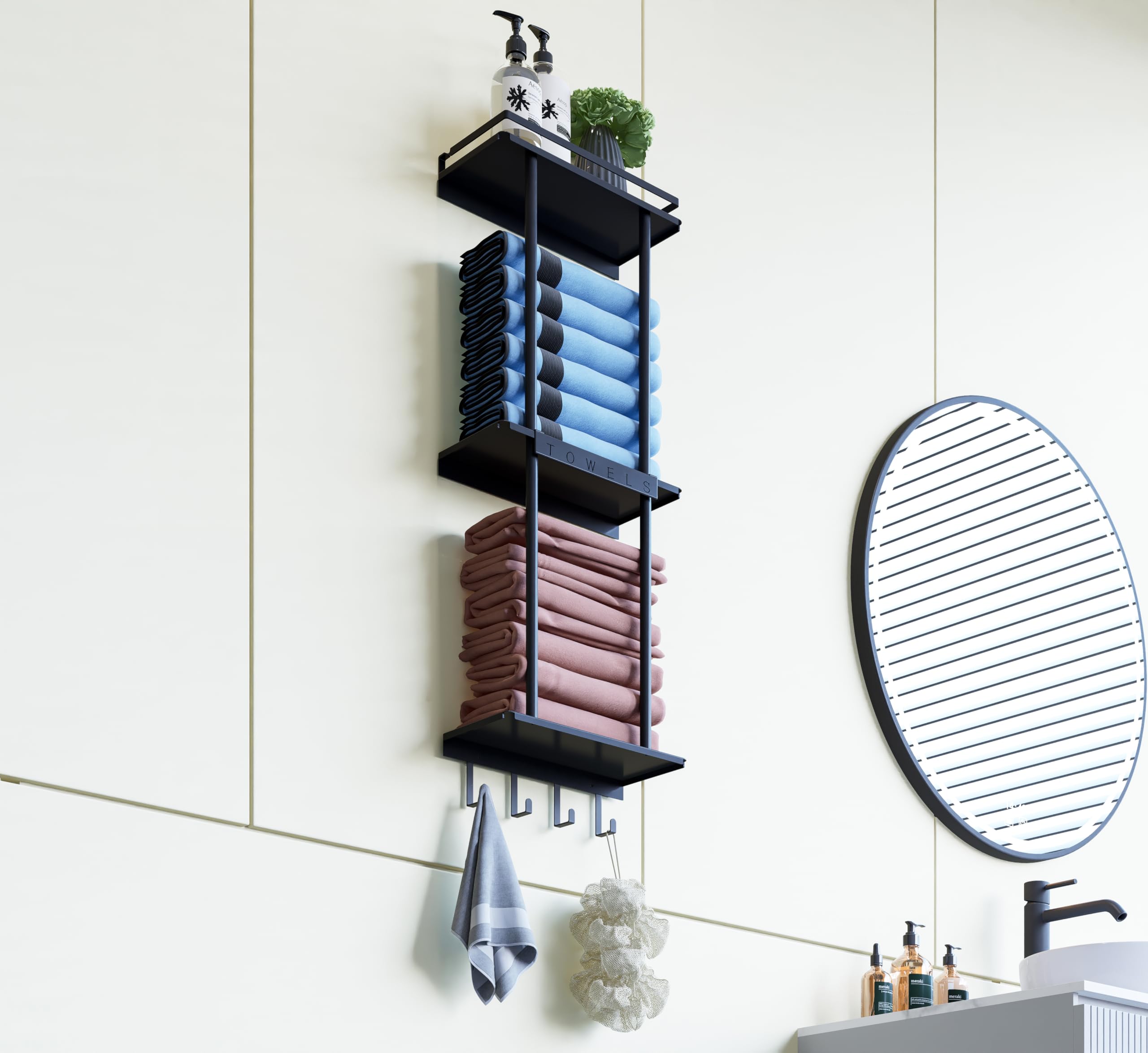 Menoeceus Towel Racks for Bathroom, Towel Rack Wall Mounted with Shelf, 3 Tier Wall Towel Holder Rack with 4 Hooks, 30 inch Bath Towel Storage Shelf for Towels Organizer, Matte Black