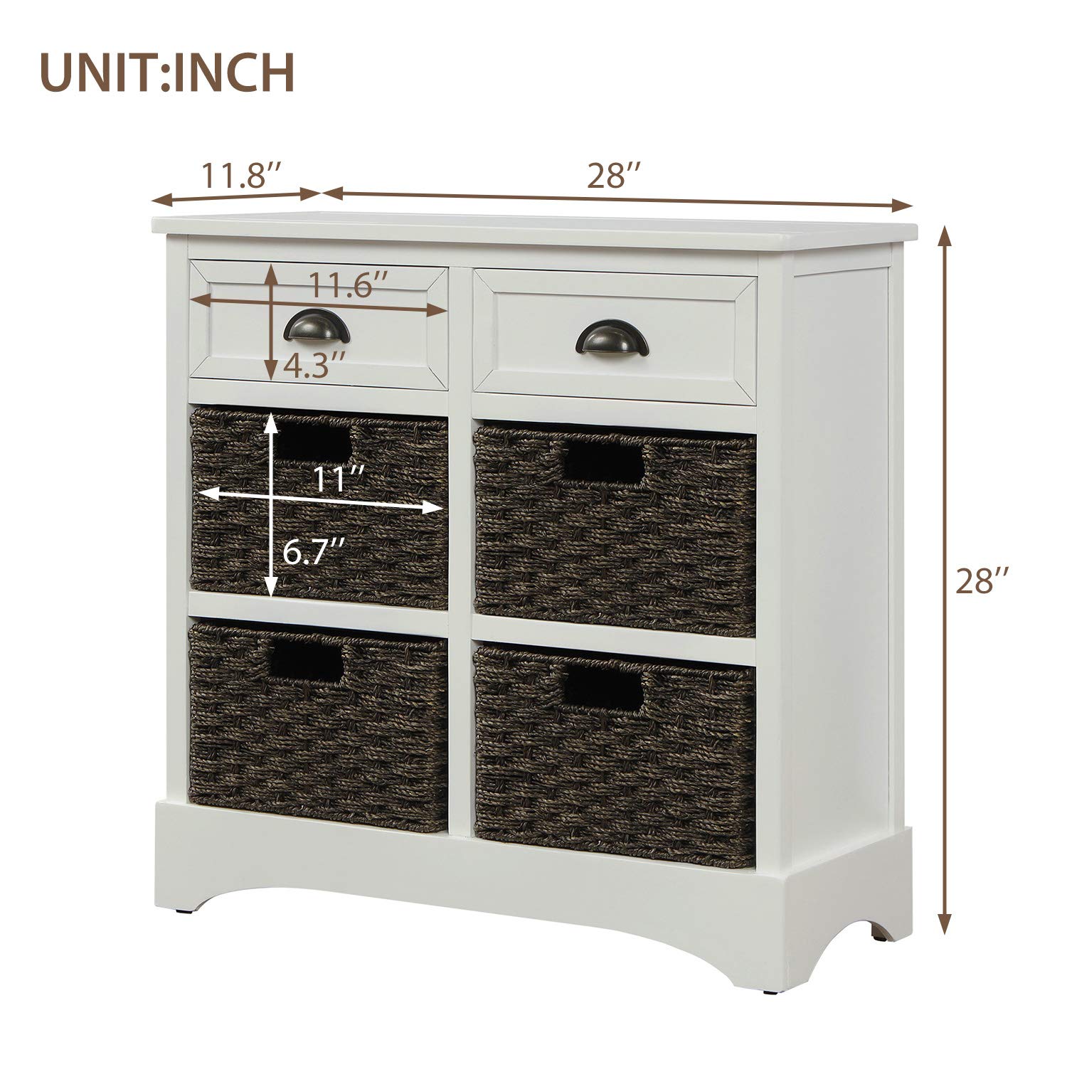 Harper & Bright Designs Storage Cabinet, Rustic Storage Cabinet with 2 Drawers and 4 Classic Fabric Basket, Sideboard for Entryway/Kitchen/Dining Room/Living Room, White