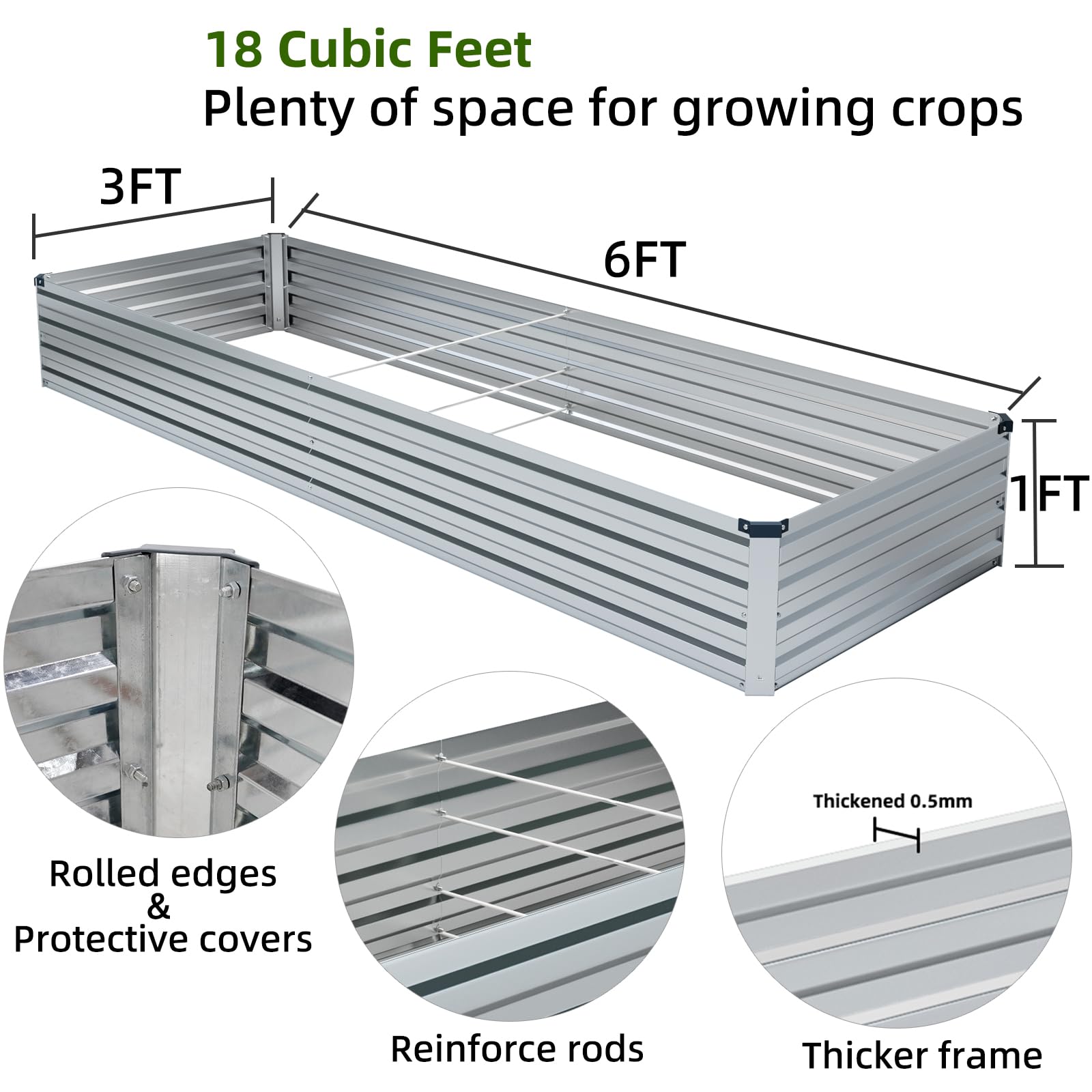 Meberam Galvanized Raised Garden Bed Kit 2PCS Set Outdoor Metal Elevated Plant Box for Vegetable (Galvanized,6x3x1ft)